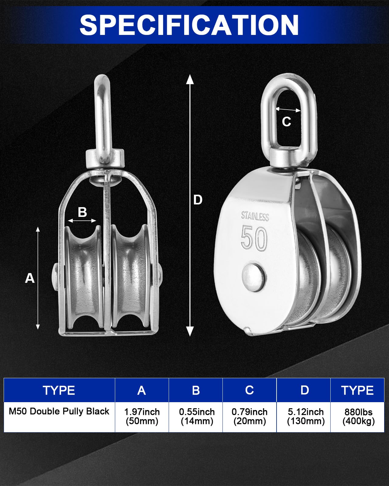 Snapklik.com : DASBET M50 Double Pulley Block Set - 304 Stainless Steel ...