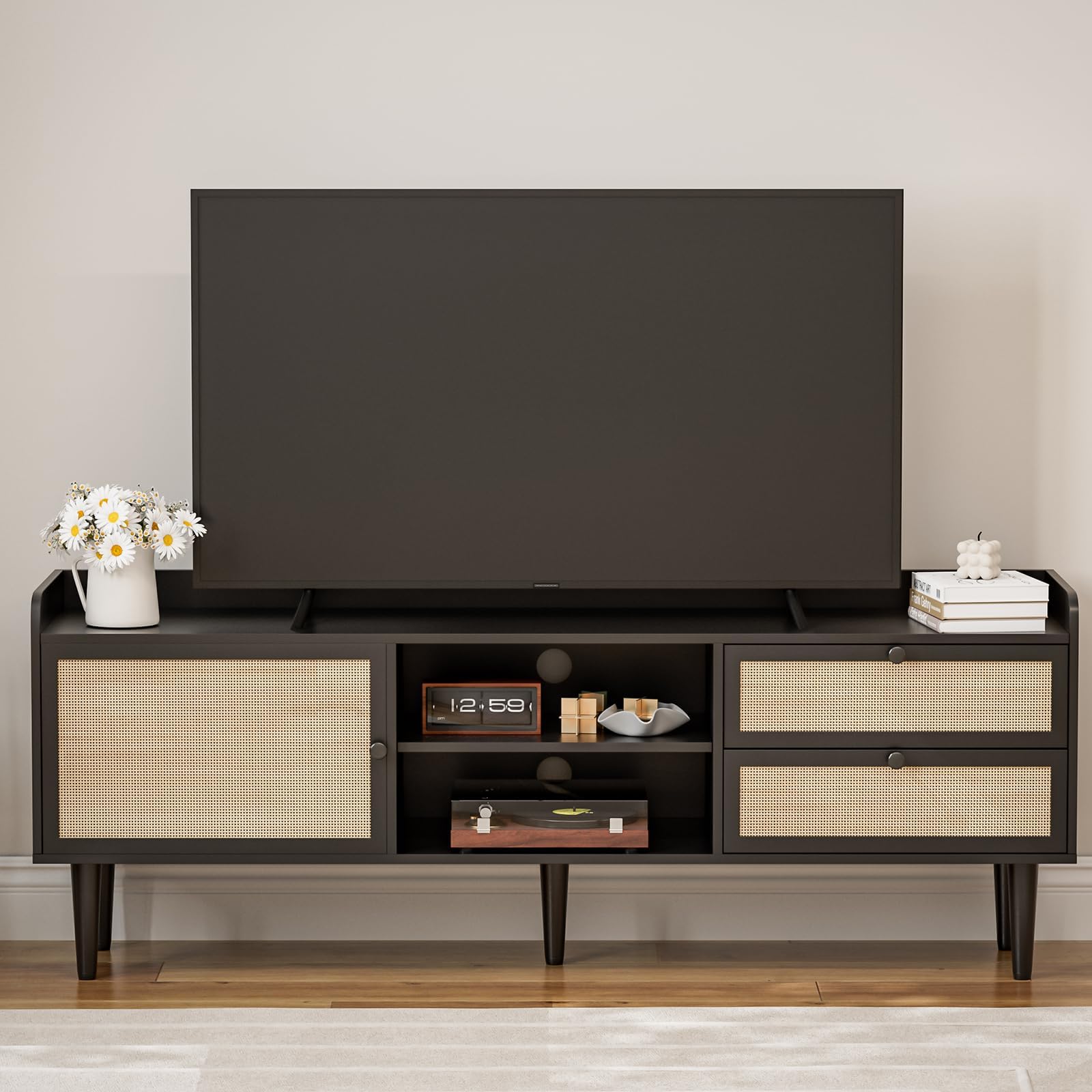 Amazon.com: IKIFLY Rattan TV Stand 75 Inch TV, Mid Century Modern Media ...