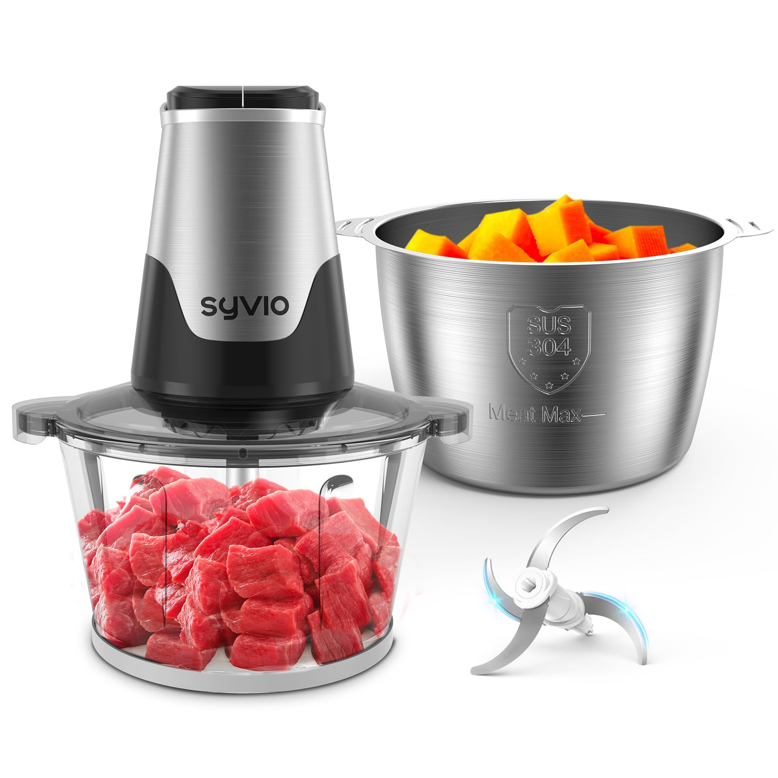 Syvio Food Processors with 2 Bowls, Meat Grinder 4 Bi-Level Blades ...