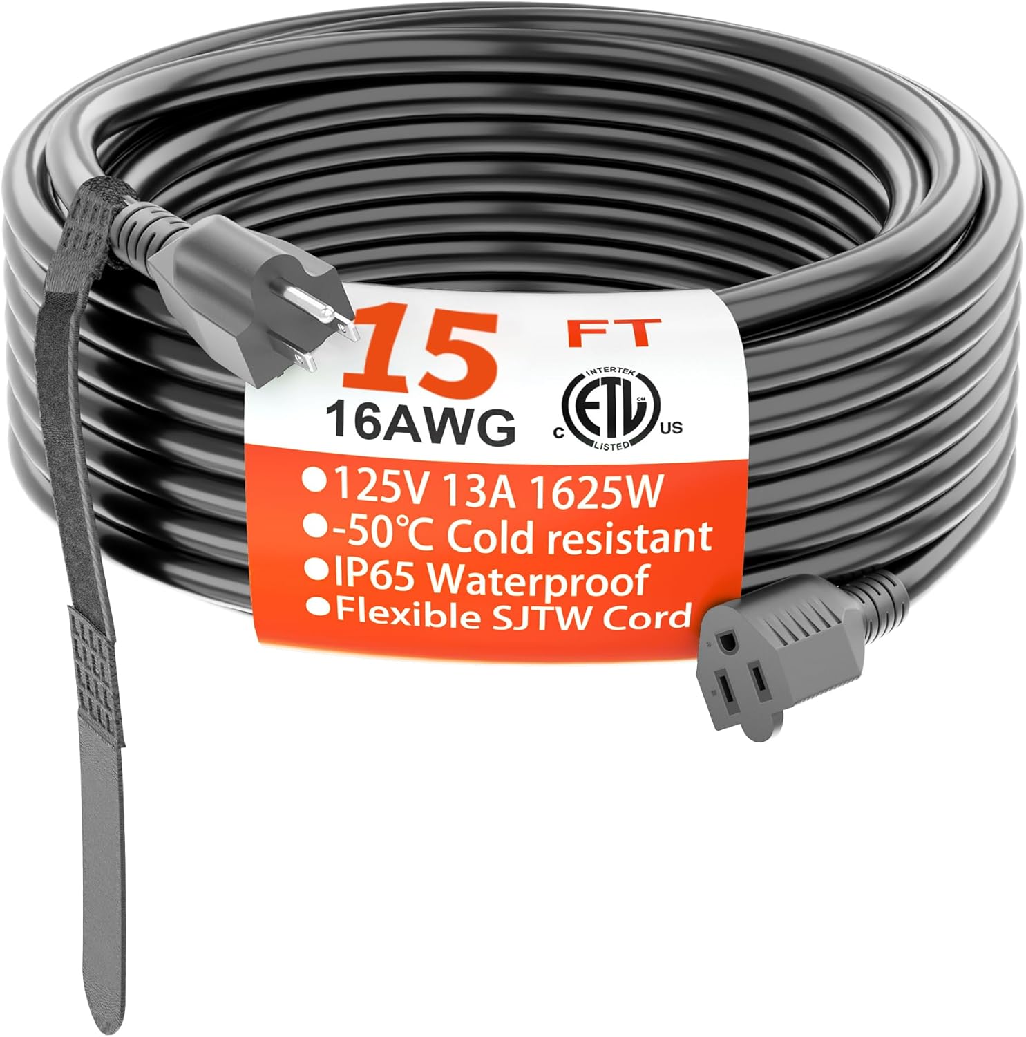 HUANCHAIN 15 FT 16 Gauge Black Indoor Outdoor Extension Cord Waterproof ...