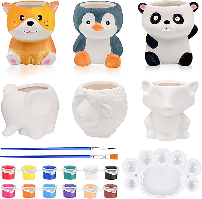 FALUCKYY 21 PCS DIY Ceramic Succulent Pots - 6 Sets Paintable Animal ...