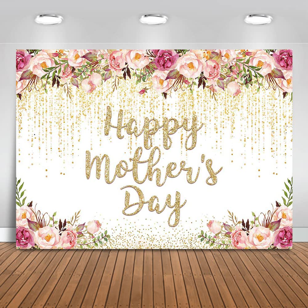 Amazon.com : Mocsicka Gold Happy Mother's Day Backdrop Floral Glitter ...