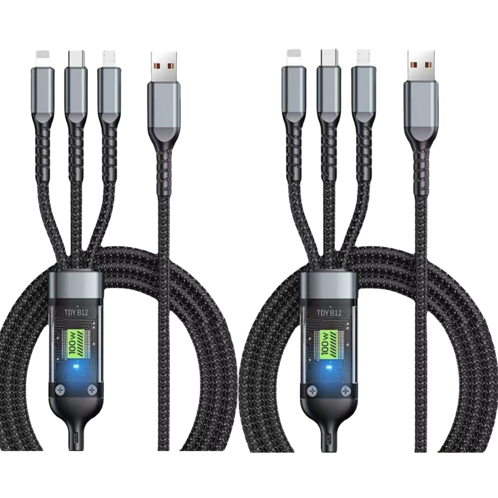 Multi Charging Cable 3 in 1 2Pack, 4FT 100W Braided LED Lights Multiple ...