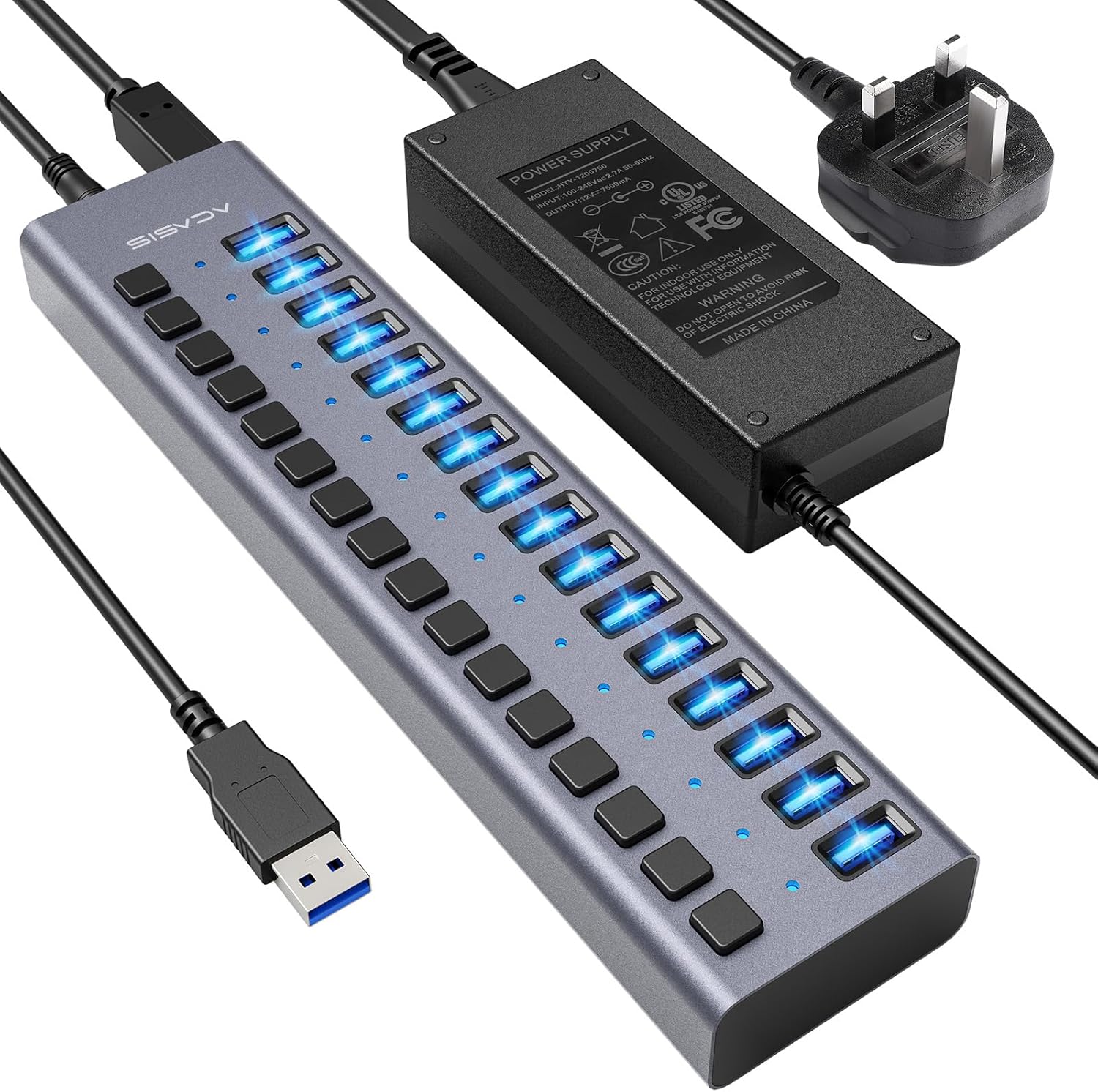Acasis 16-Port Aluminum USB 3.0 Hub with Individual Switches
