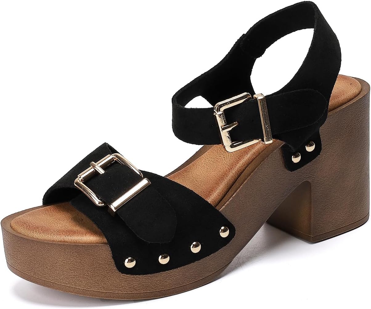Amazon.com | Womens Suede Platform Chunky Heel Retro Sandals with ...