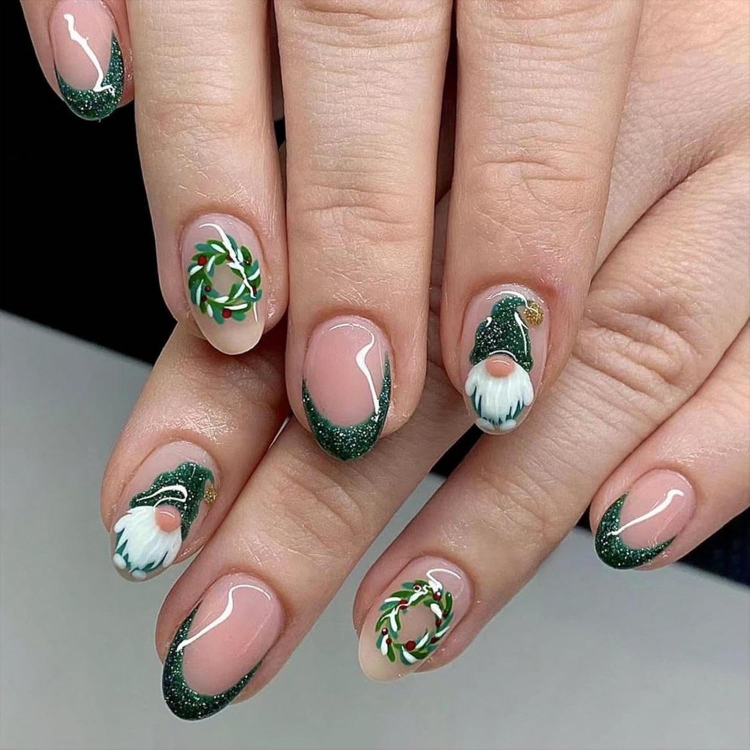 Amazon.com: Green French Tips Press on Nails Christmas Short Almond ...