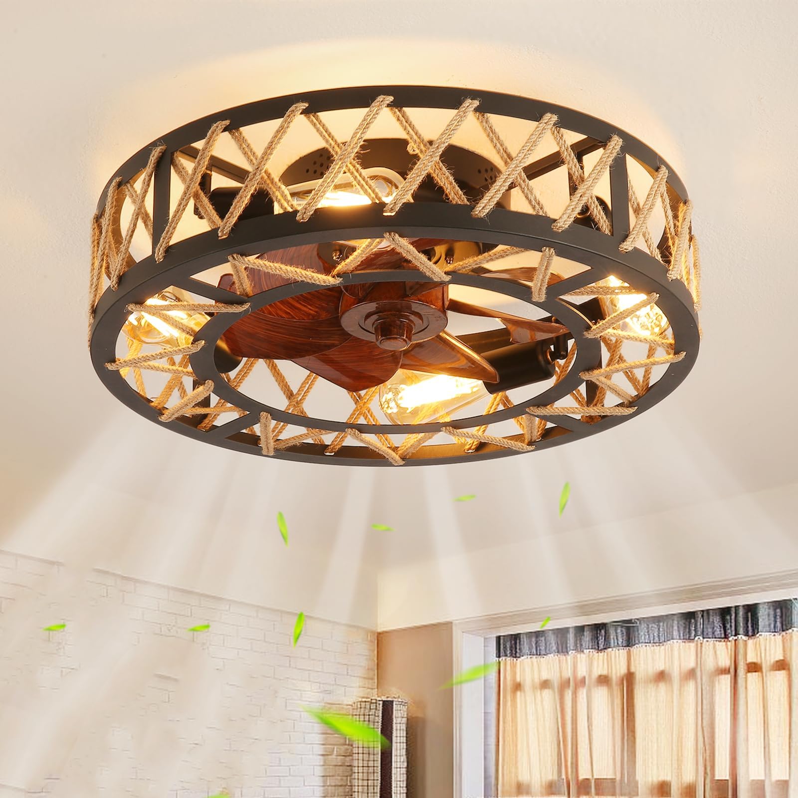 KuroShine Boho Caged Ceiling Fan with Light, 20 Inch Rattan Bladeless ...