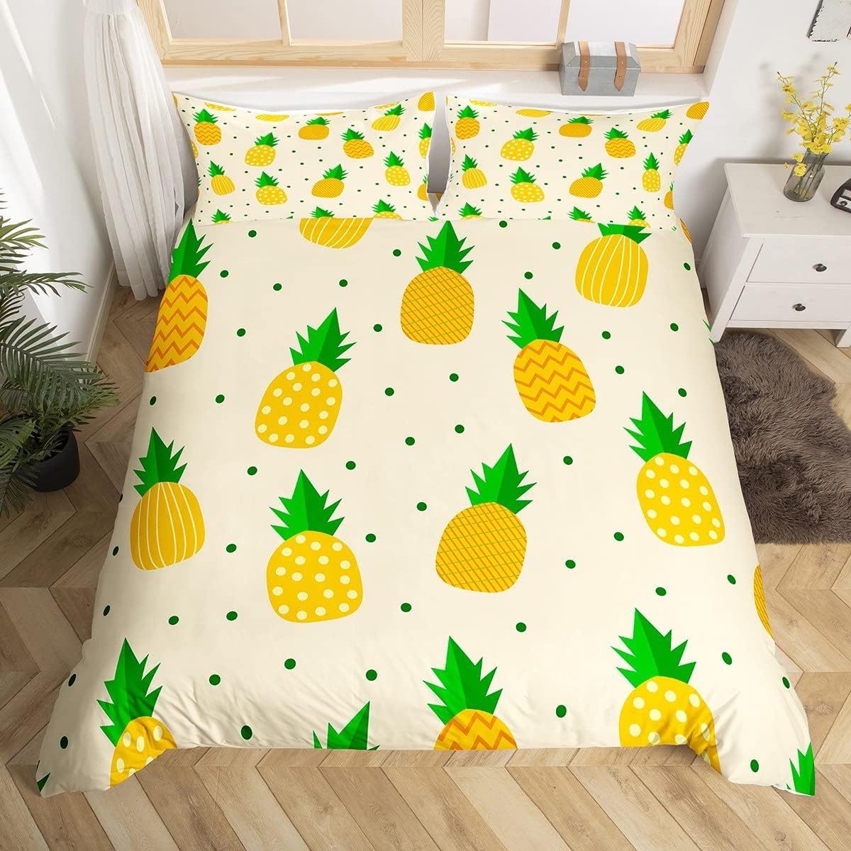 Yellow Pineapple Duvet Cover,Kids Cartoon Fruit Bedding Set,Geometric ...