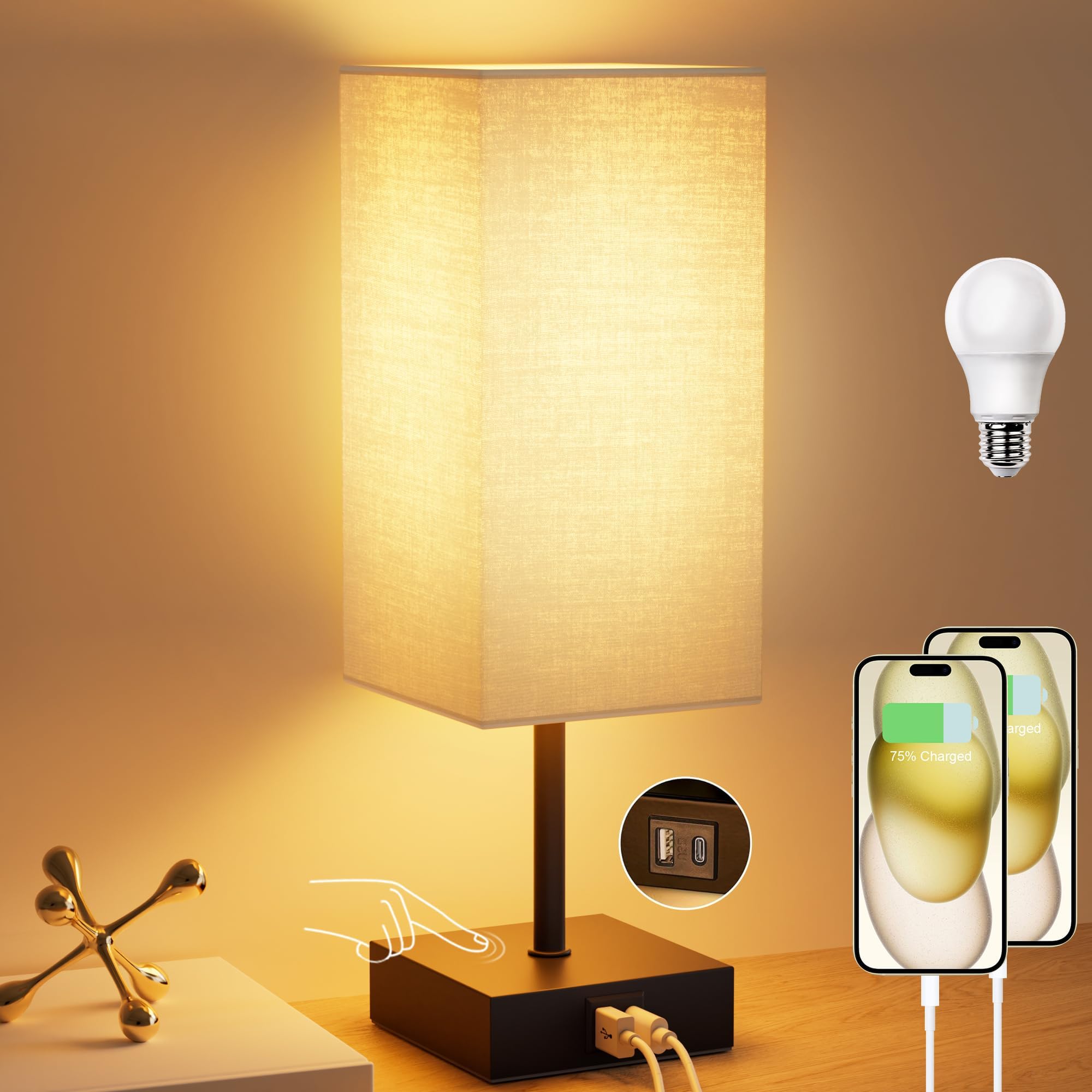 Bedside Lamps, Table Lamp with USB C+A Charging Ports, 3 Way Dimmable ...