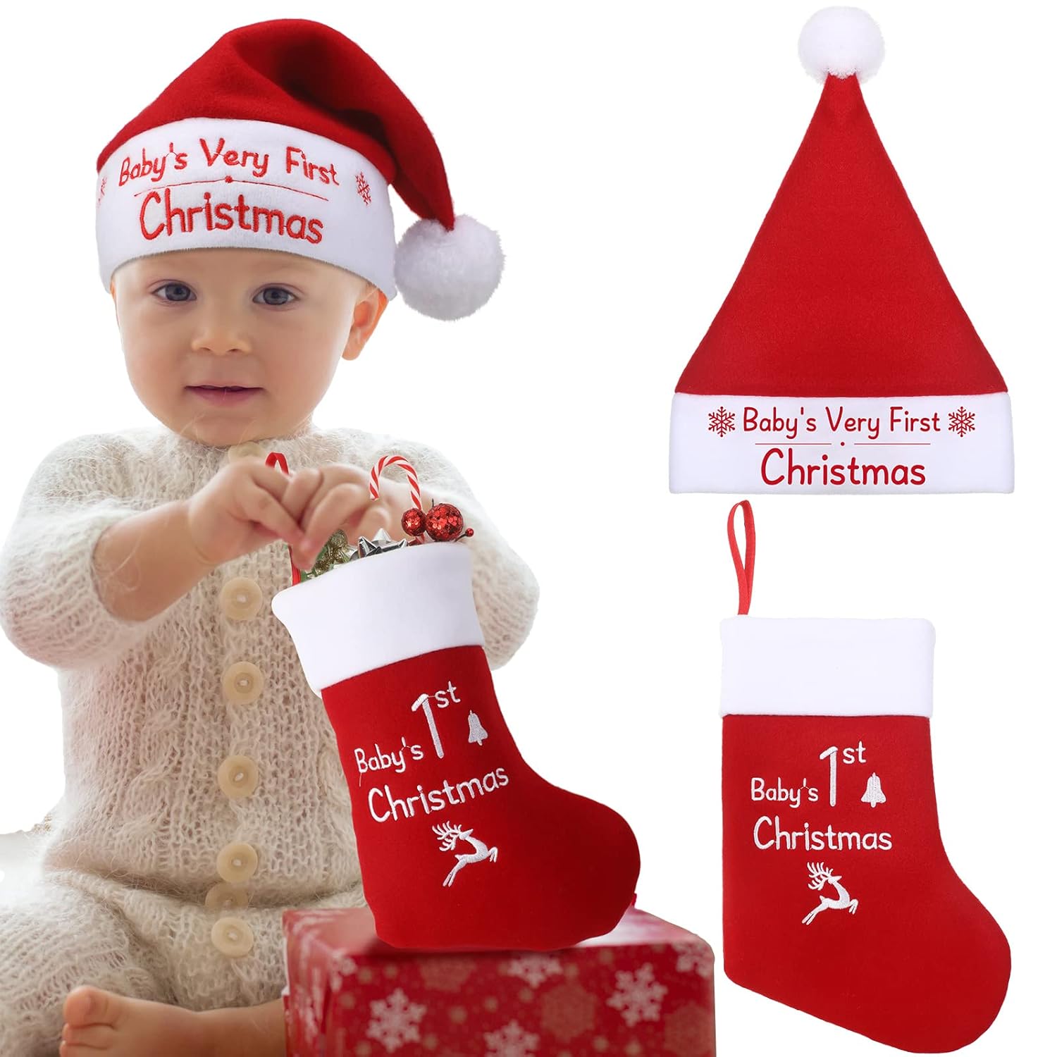 Amazon.com : Baby Christmas Stocking and Hat Set, Infant Santa Hats ...