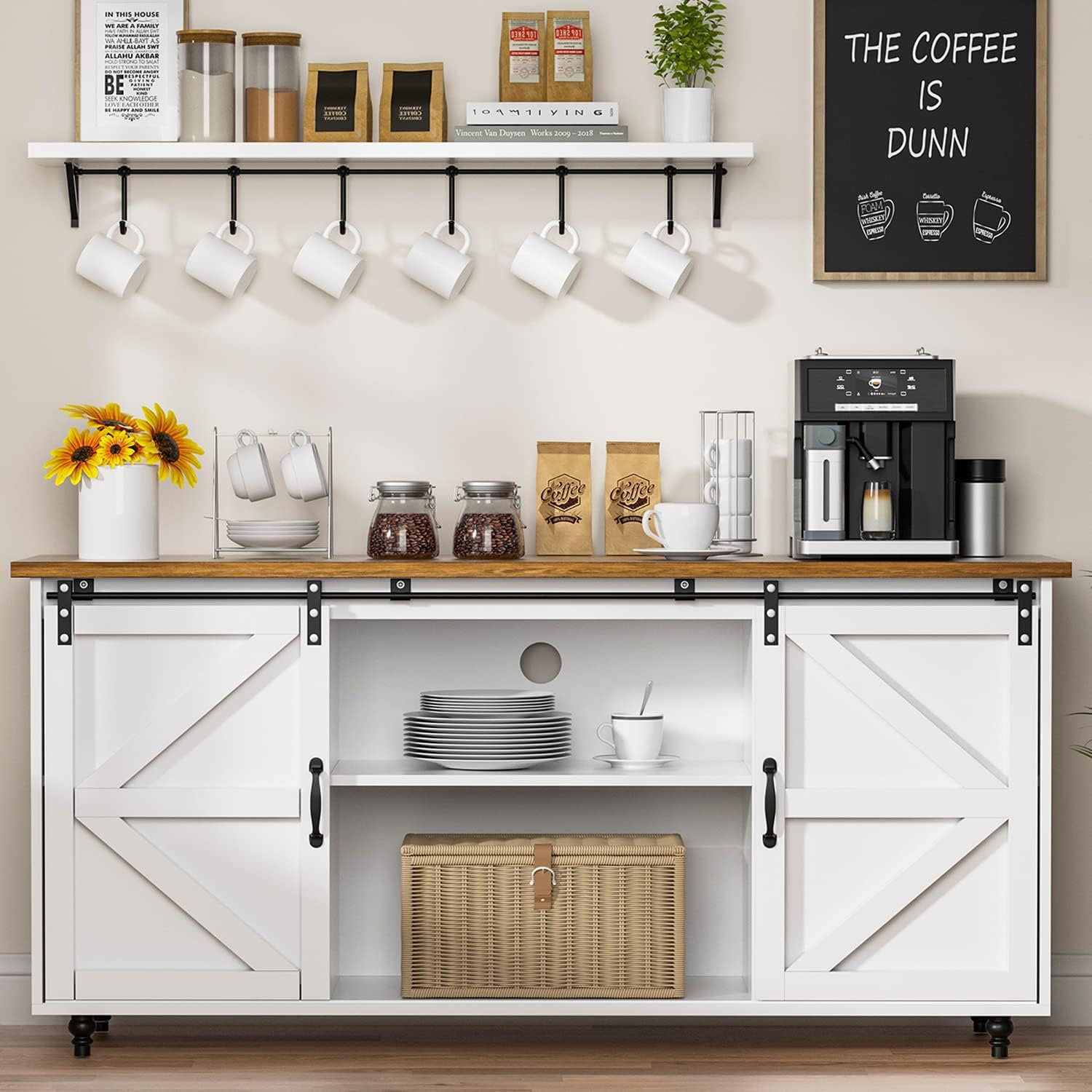 Buy Farmhouse Coffee Bar Cabinet with Sliding Barn Door, 58 Inch White ...