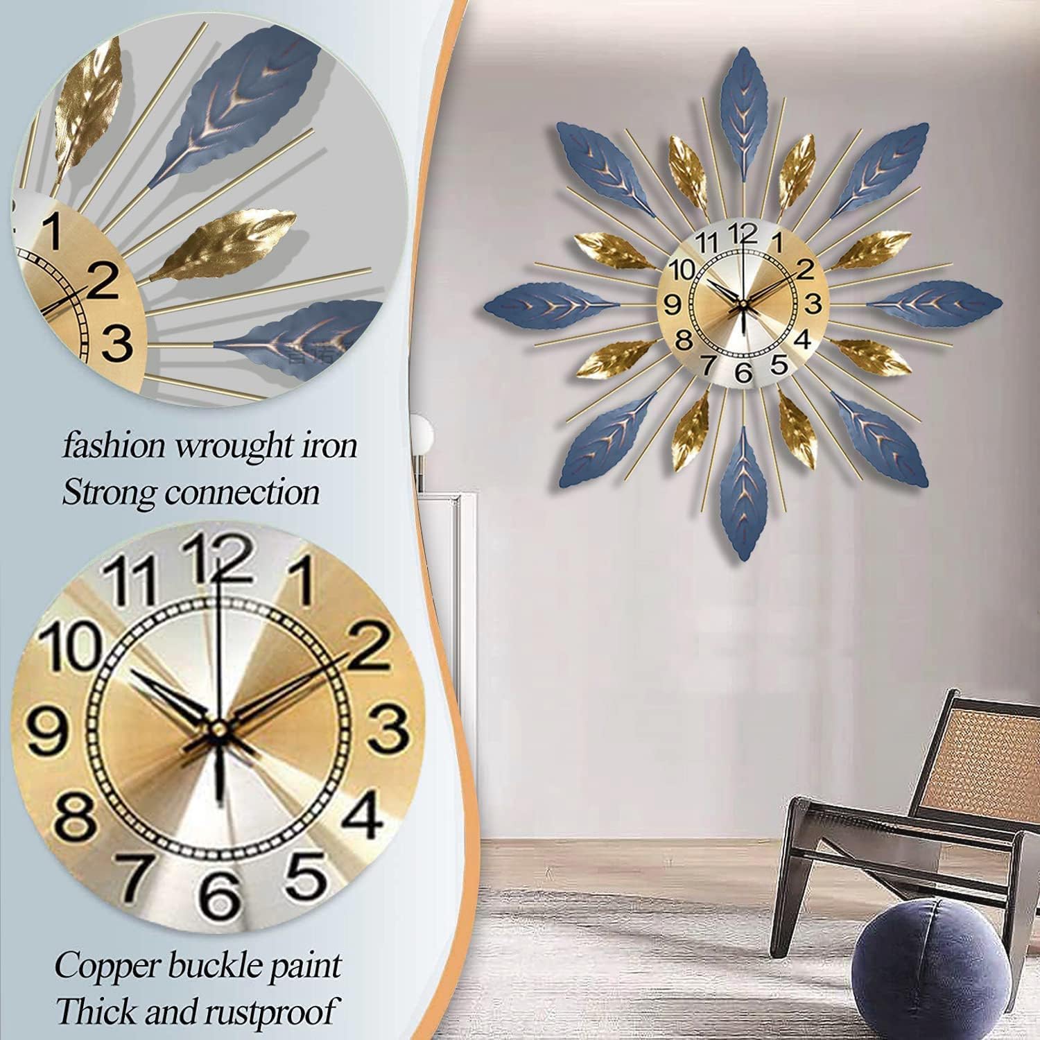 XYFZRL Mid Century Modern Sunburst Clock 26 Inch Silent Art Battery ...