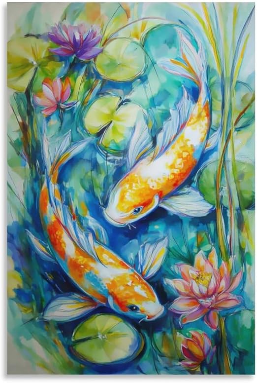 Amazon.com: Koi Fish Water Pond Leaves Lotus Flower Landscape Poster ...