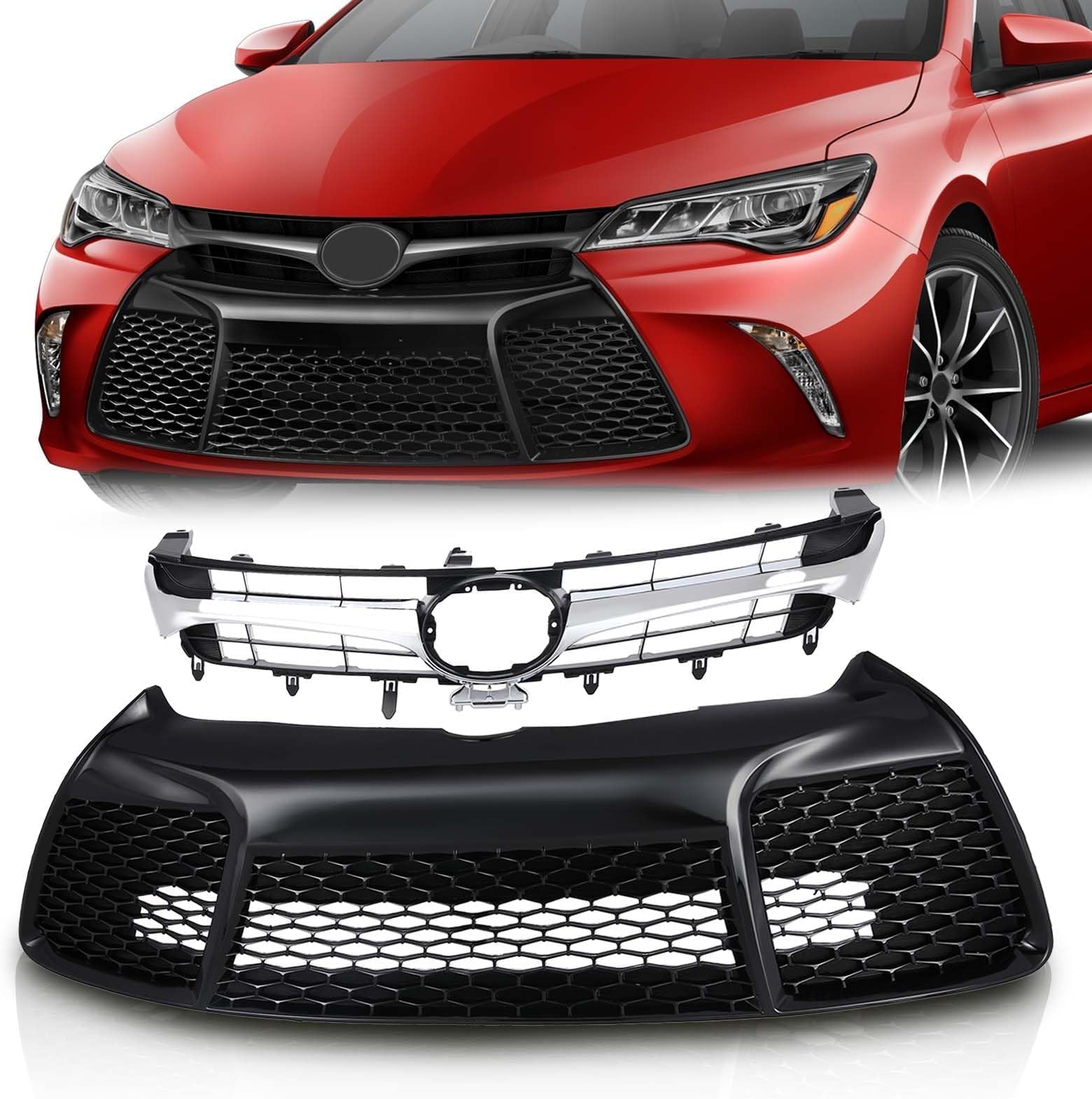 Amazon.com: Partzer Front Bumper Upper Lower Grille Assembly Grill Set ...