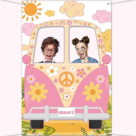 Amazon.com: Vansolinne Groovy Booth Props Hippie Bus Banner Selfie ...