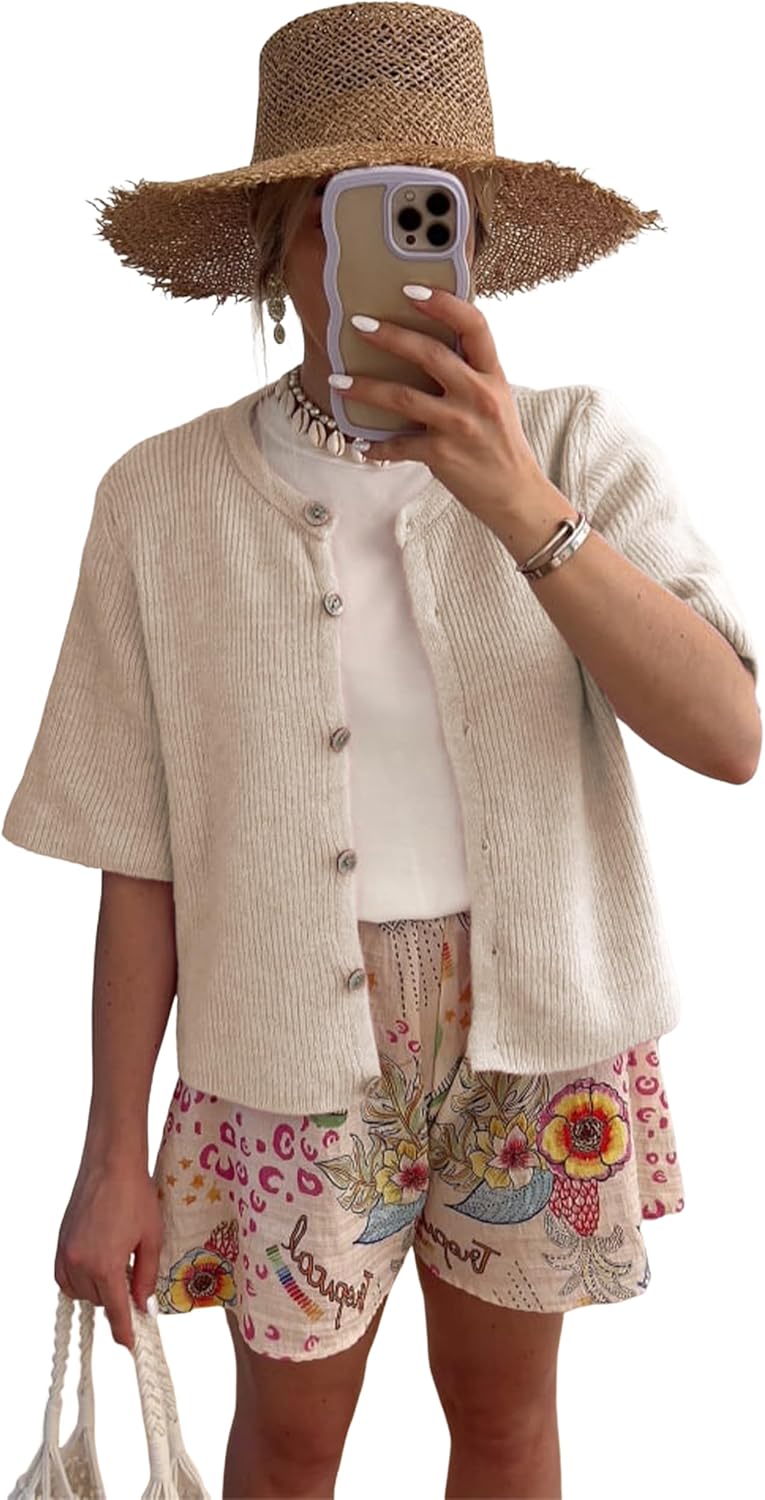 SCUSTY Women's Lightweight Cardigan Short Sleeve Button-Down Summer ...