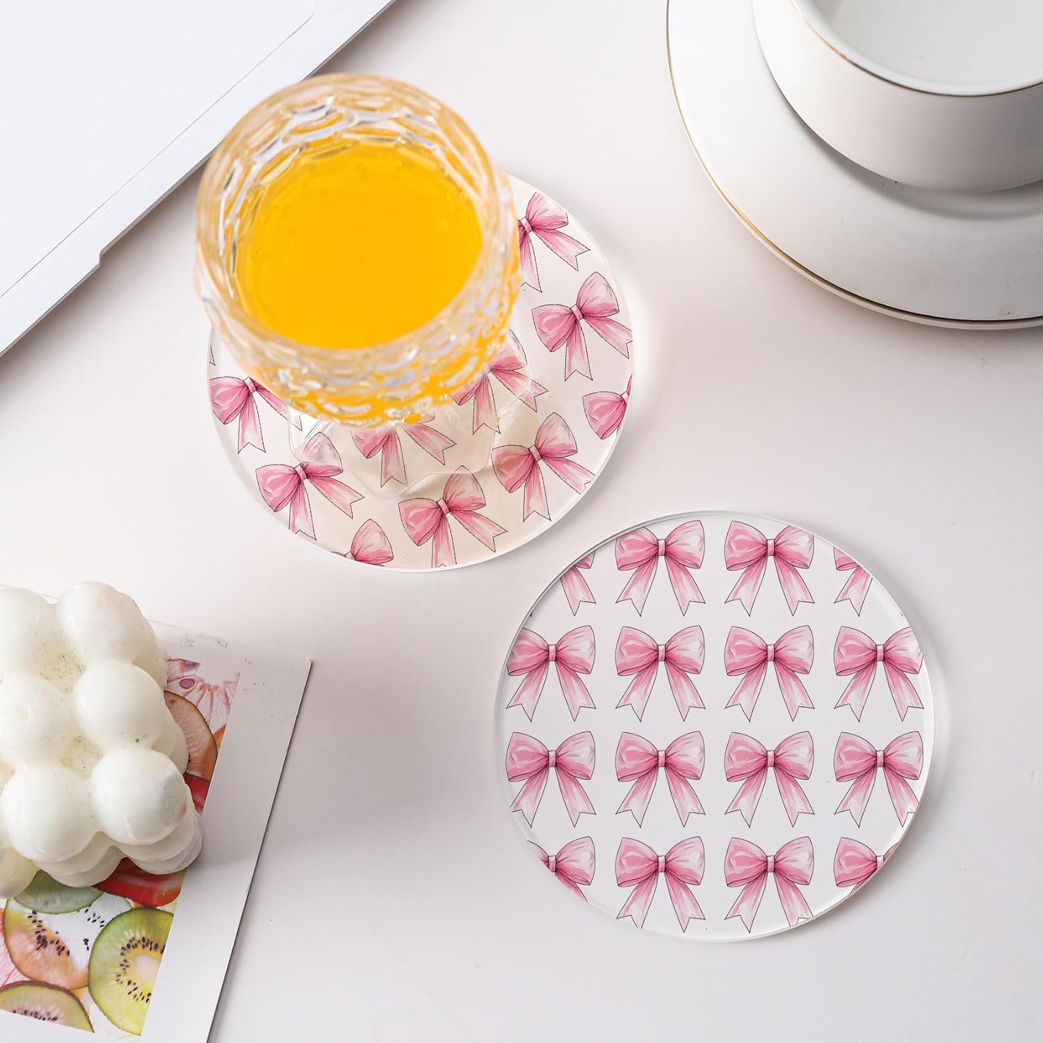 Amazon.com: Pink Bow Pattern Coasters Set of 2, Round Transparent Table ...