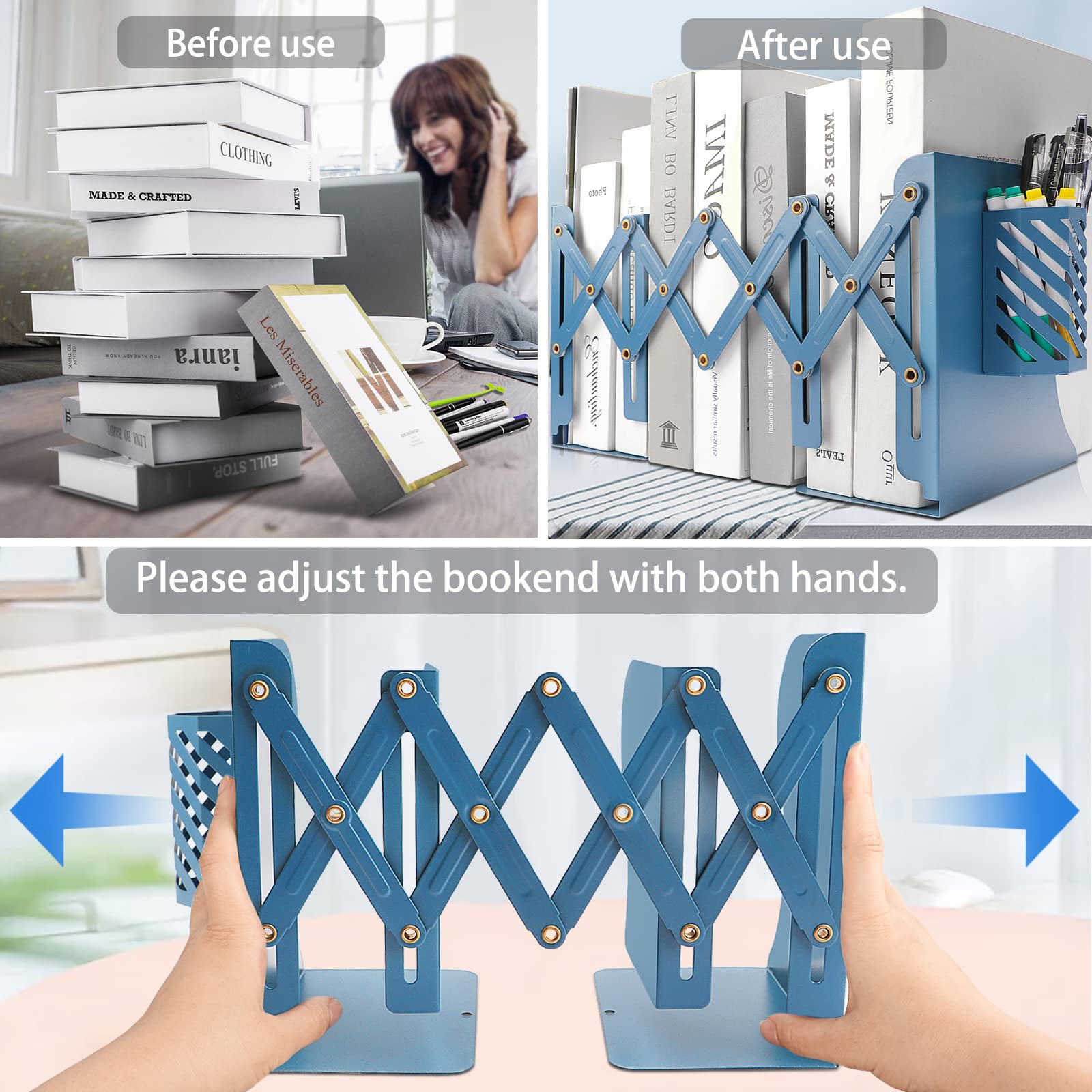 Heavy Duty Book Ends to Hold Books with Pen Holder, Carooyac Adjustable ...