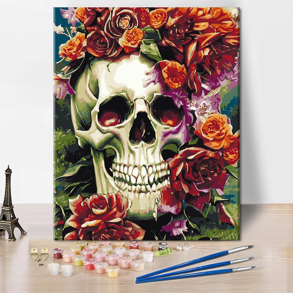 Amazon.com: TUMOVO Adults & Kids Paint by Numbers - Human Skull & Roses ...