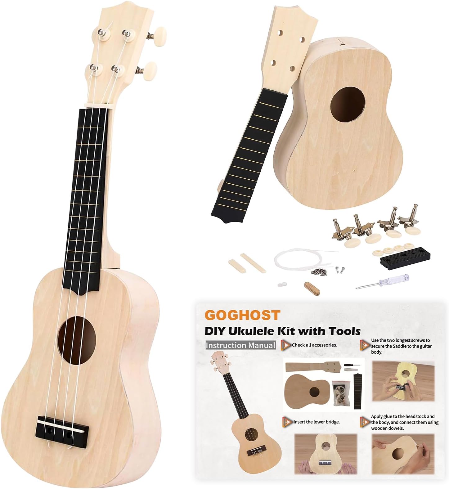 Amazon.com: DIY Ukulele Kit with Tools（21 inch) - Build Your Own ...