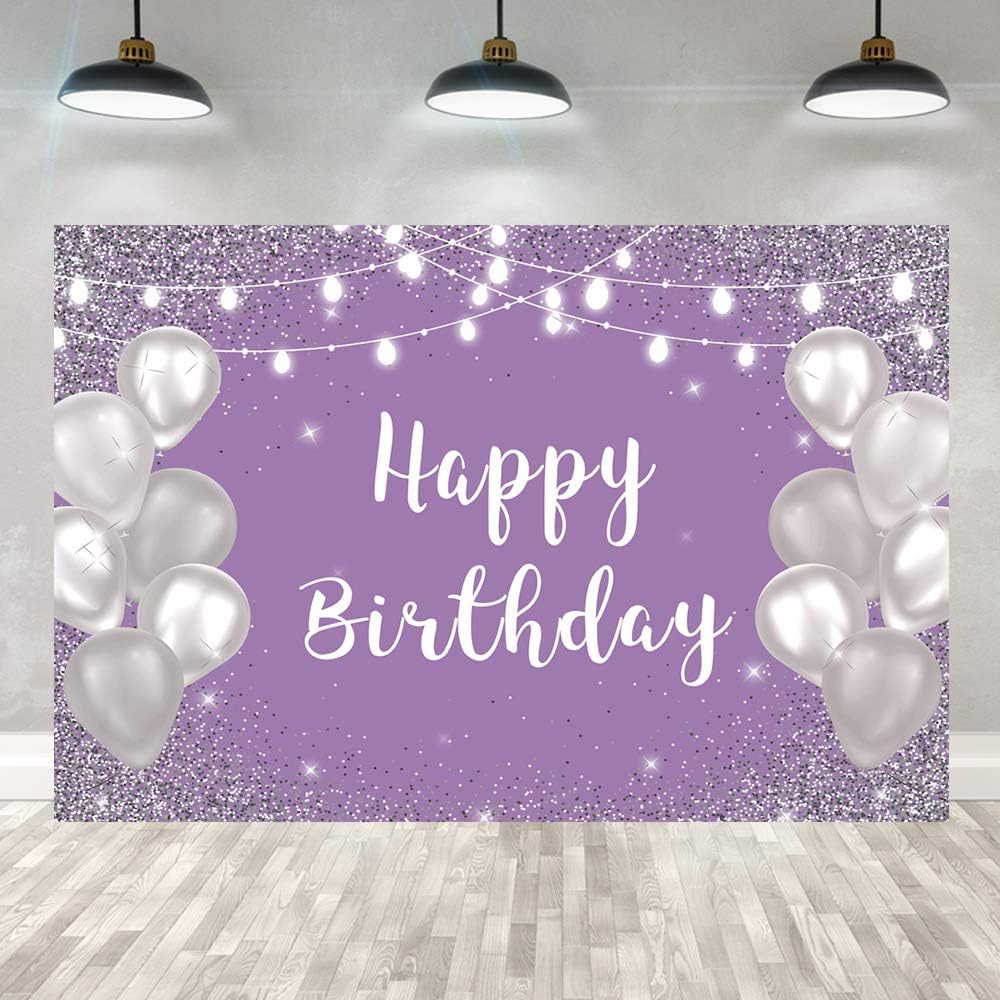 Amazon.com : 5×3ft Violet Purple Silver Happy Birthday Backdrop Girls ...