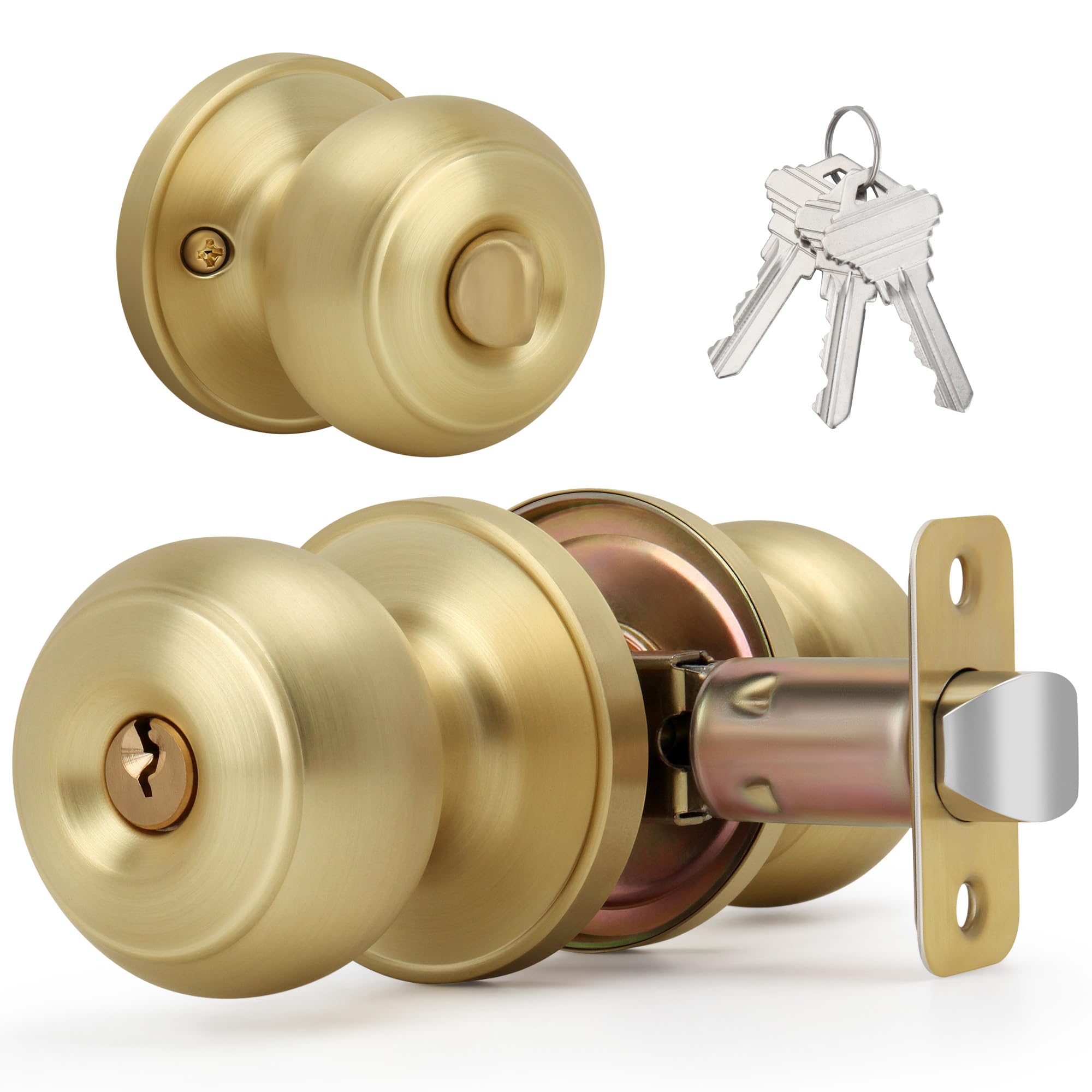 LOQRON Flat Ball Door Knob with Keys and Lock, Keyed Entry Round Design ...