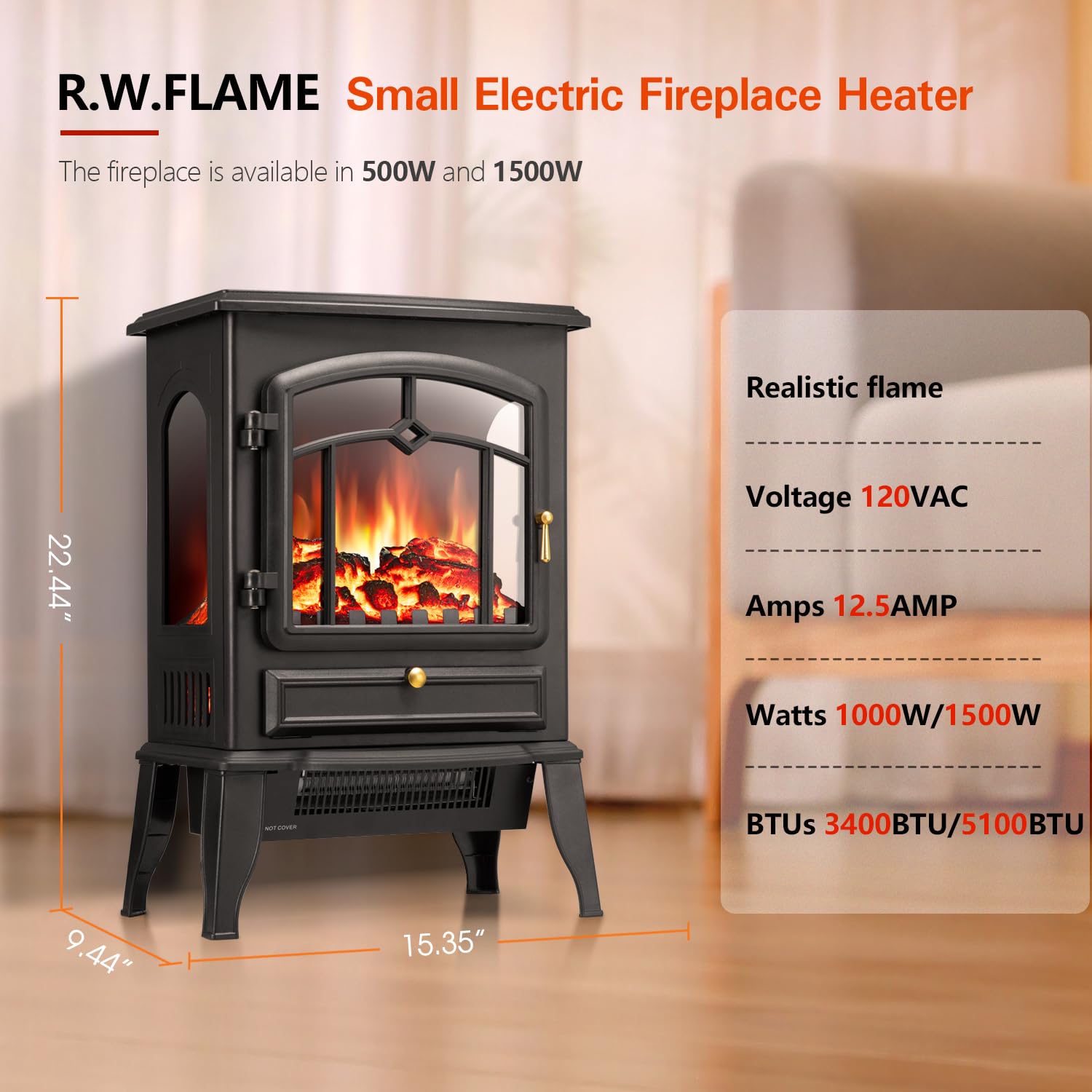 R.W.FLAME Electric Fireplace Stove Heater with Thermostat Control, 15 ...