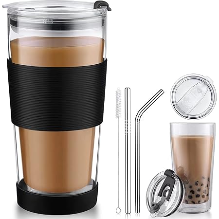 Amazon.com | Hemli 19 oz. Clear Double Wall Glass Coffee Tumbler, To Go ...