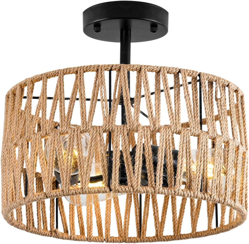 Rattan Ceiling Light, Boho Flush Mount Ceiling Light Fixture Rustic ...