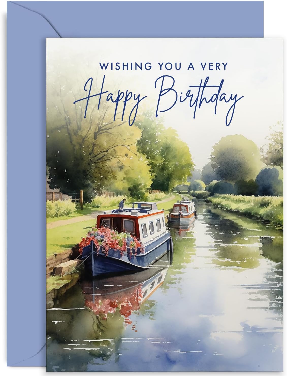 Traditional Male Birthday Card for Him - Watercolour Canal Boat Design ...