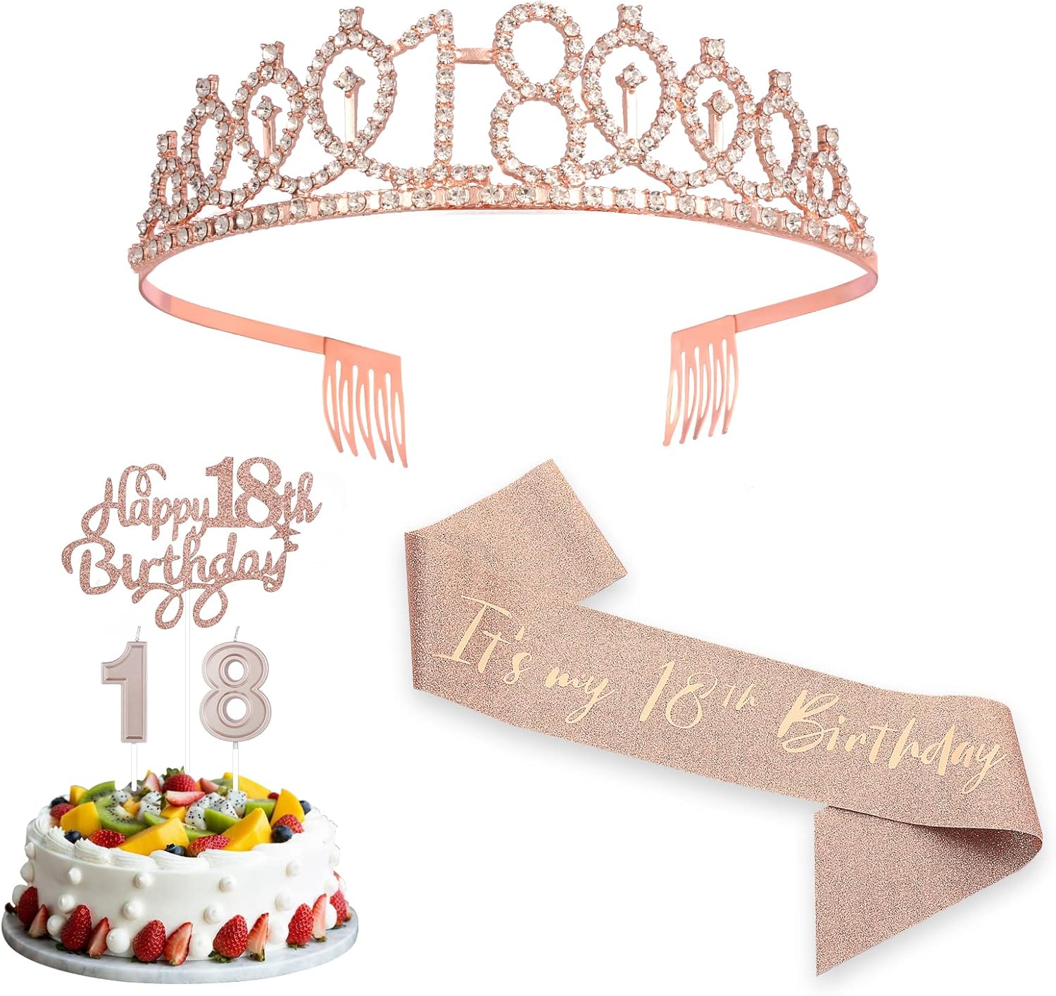 AIEX 4pcs Rose Gold Birthday Decorations Kit, Including Birthday Crown ...