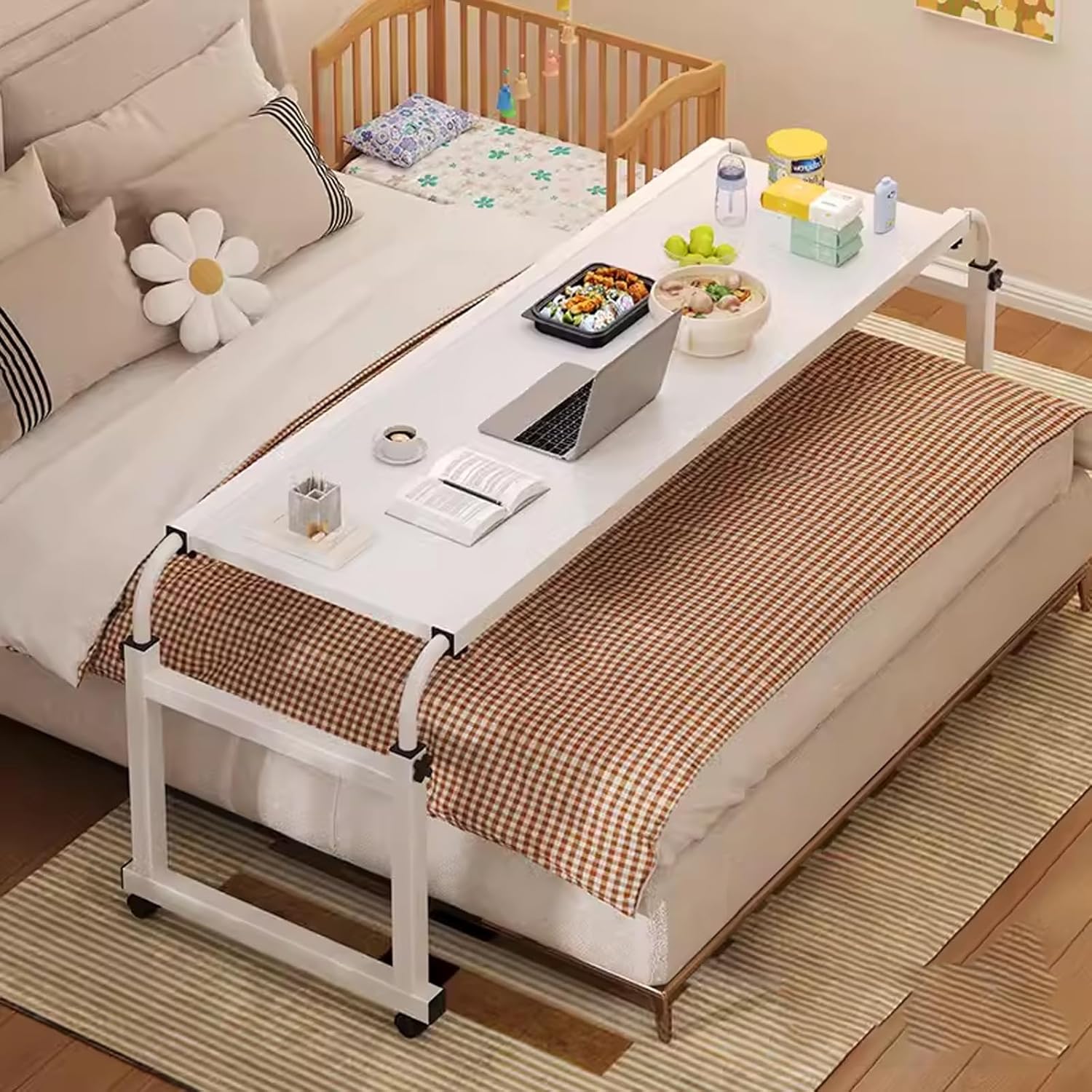 DYUNCZ Rolling Bed Table, Over Bed Table with Wheels Adjustable Height ...