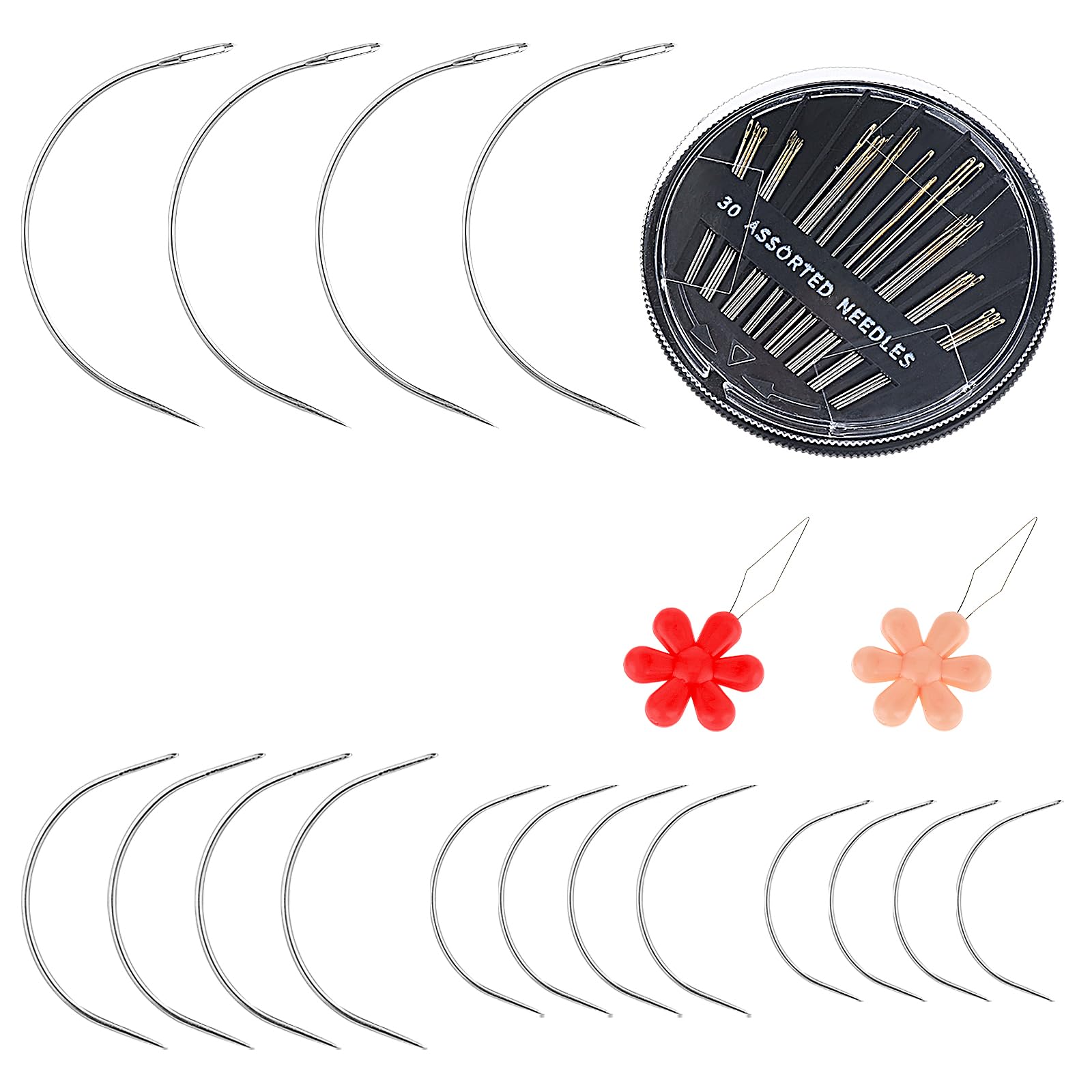 Bewudy 16 Pcs Curved Needles C-Shaped, 30 Pcs Hand Sewing Needles for ...