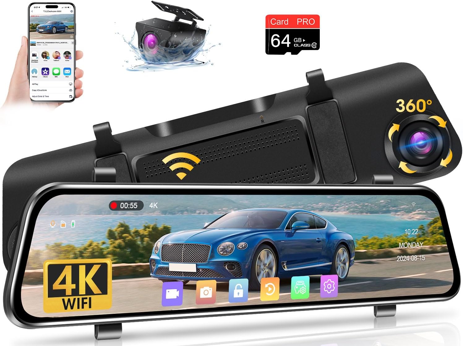 Amazon.com: Jelkuz 12" 4K Rear View Mirror Camera with WiFi 2160P ...