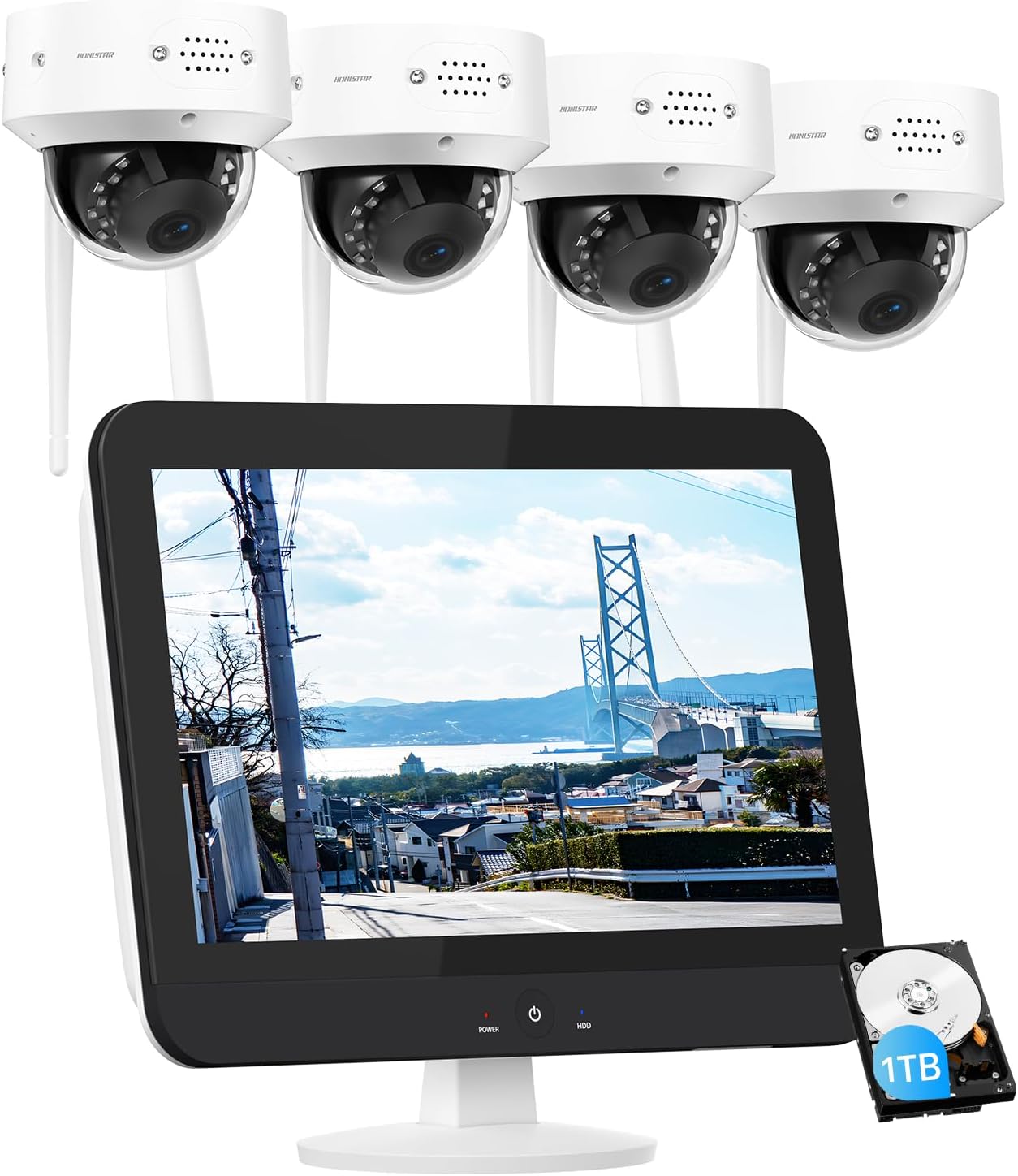 Amazon.co.jp: 防犯カメラ ワイヤレス 屋外 モニター付き 500万超高画素 Honistarドーム型防犯カメラセット 4台 8 ...