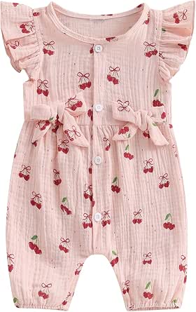 Amazon.com: Newborn Baby Girl Outfit Cherry Print Button Flying Sleeve ...