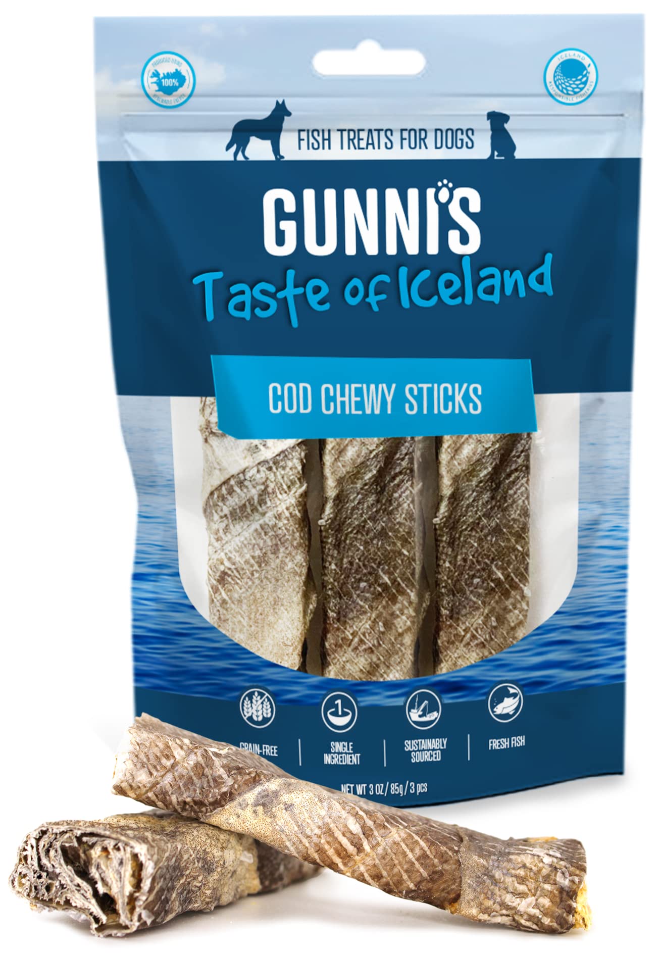 Amazon.com : Gunnis Cod Skin Chewy Sticks Fish Dog Treats, 3 Count Bag ...
