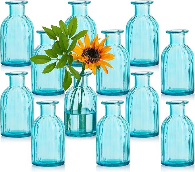 Amazon.de: Glasseam Kleine Vasen Set Glasvase, 12 Stück Mini Blumenvase Blau Vintage Vase Glas ...