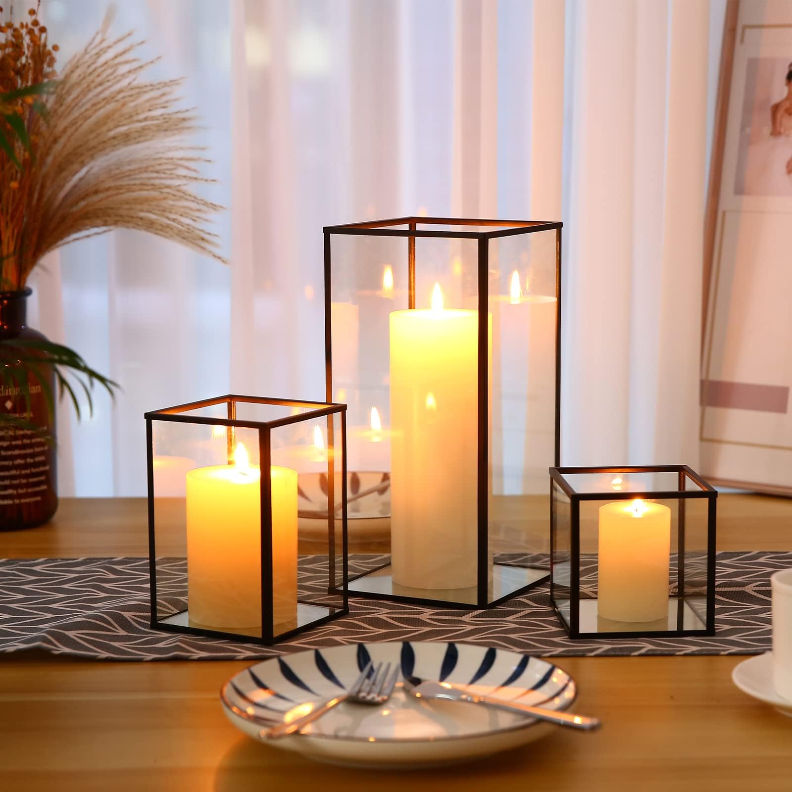 Amazon.com: yshengood Glass Hurricane Candle Holder Set of 3 PCS, Black ...