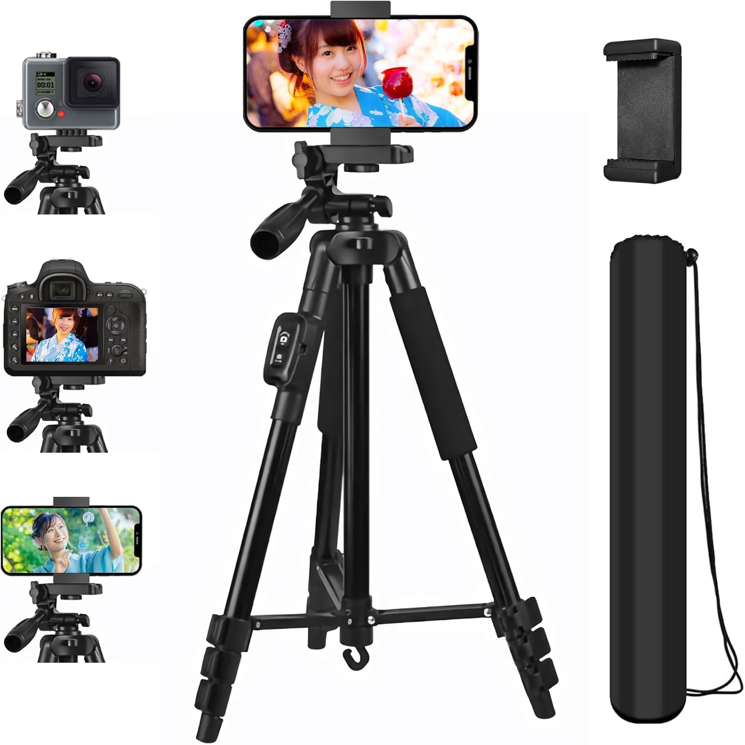 Amazon | カメラ三脚 iPhone/Android 三脚 【570g超軽量 収納43cm 140cm最大高さ】 Bluetoothリモコン付き 持ち運び ミニ三脚 固定ホルダー 5段階 ...