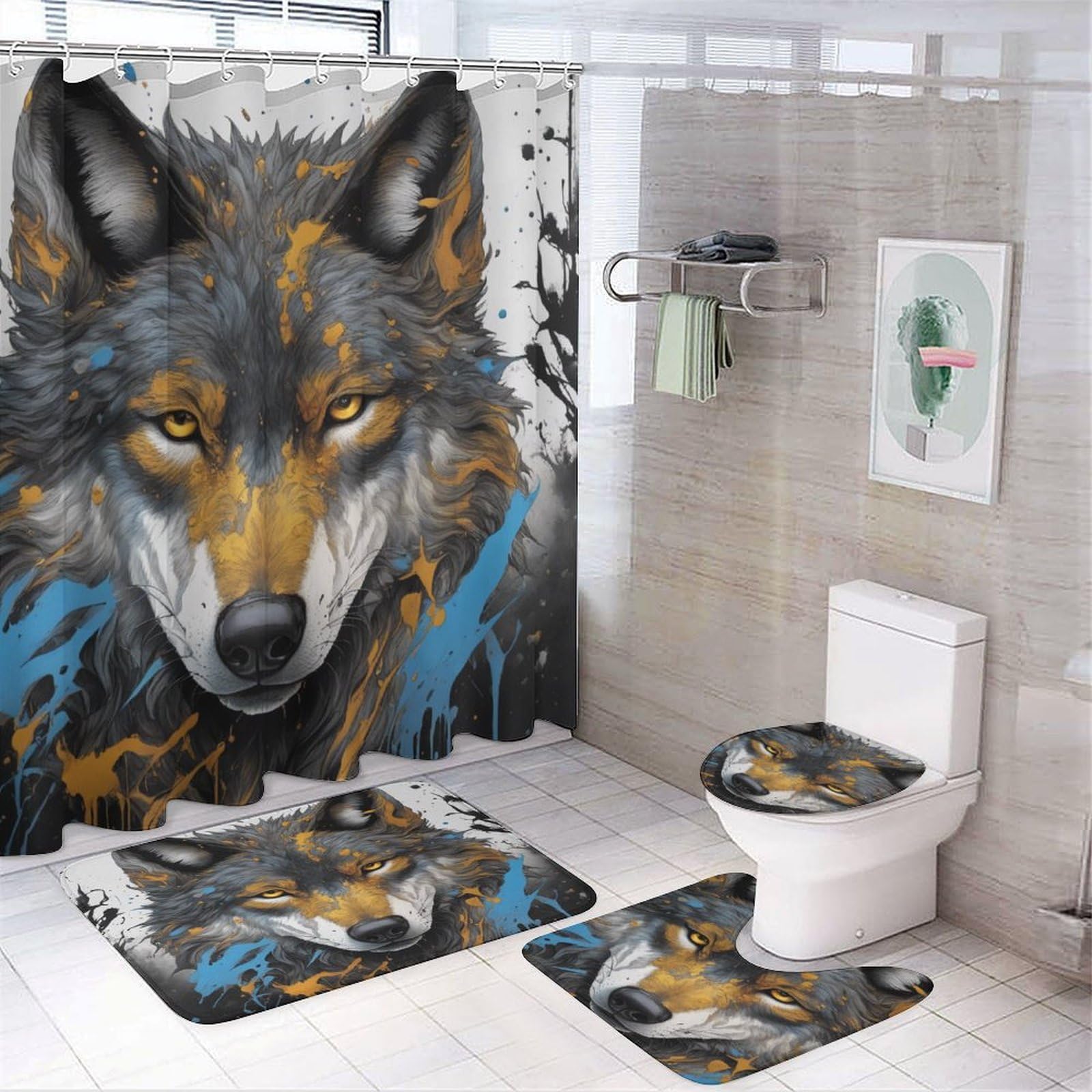 Wolf Bathroom Set 8 Colors Animal Shower Curtain Wolf Couple Art Print