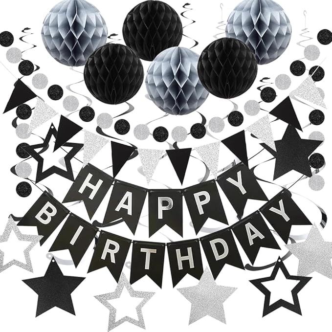 Amazon.com: Black and Silver Birthday Decorations, Happy Birthday ...