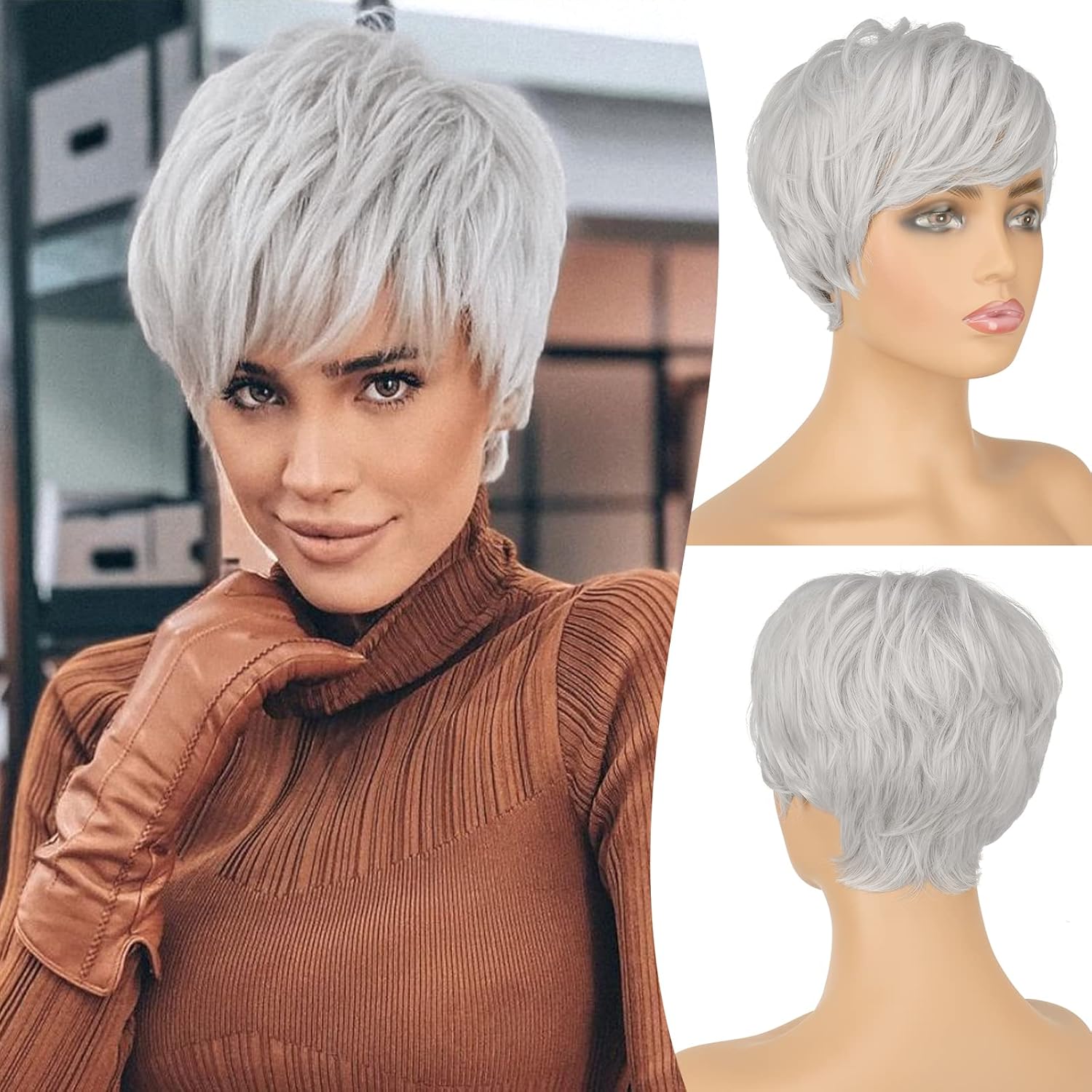 Amazon.com: FESHFEN Pixie Cut Wigs Synthetic Platinum Grey Short Pixie ...