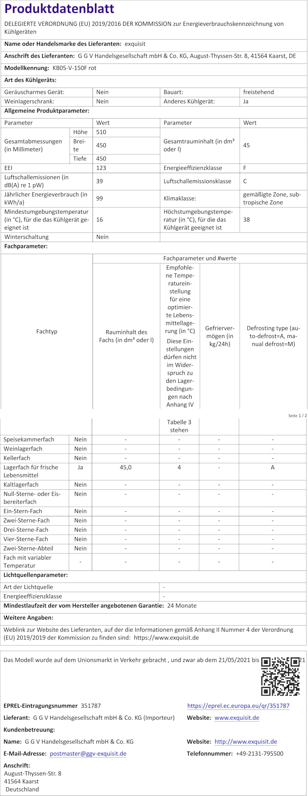 Exquisit Mini Kühlschrank KB05-V-151F rot | 41 l Nutzinhalt | LED ...