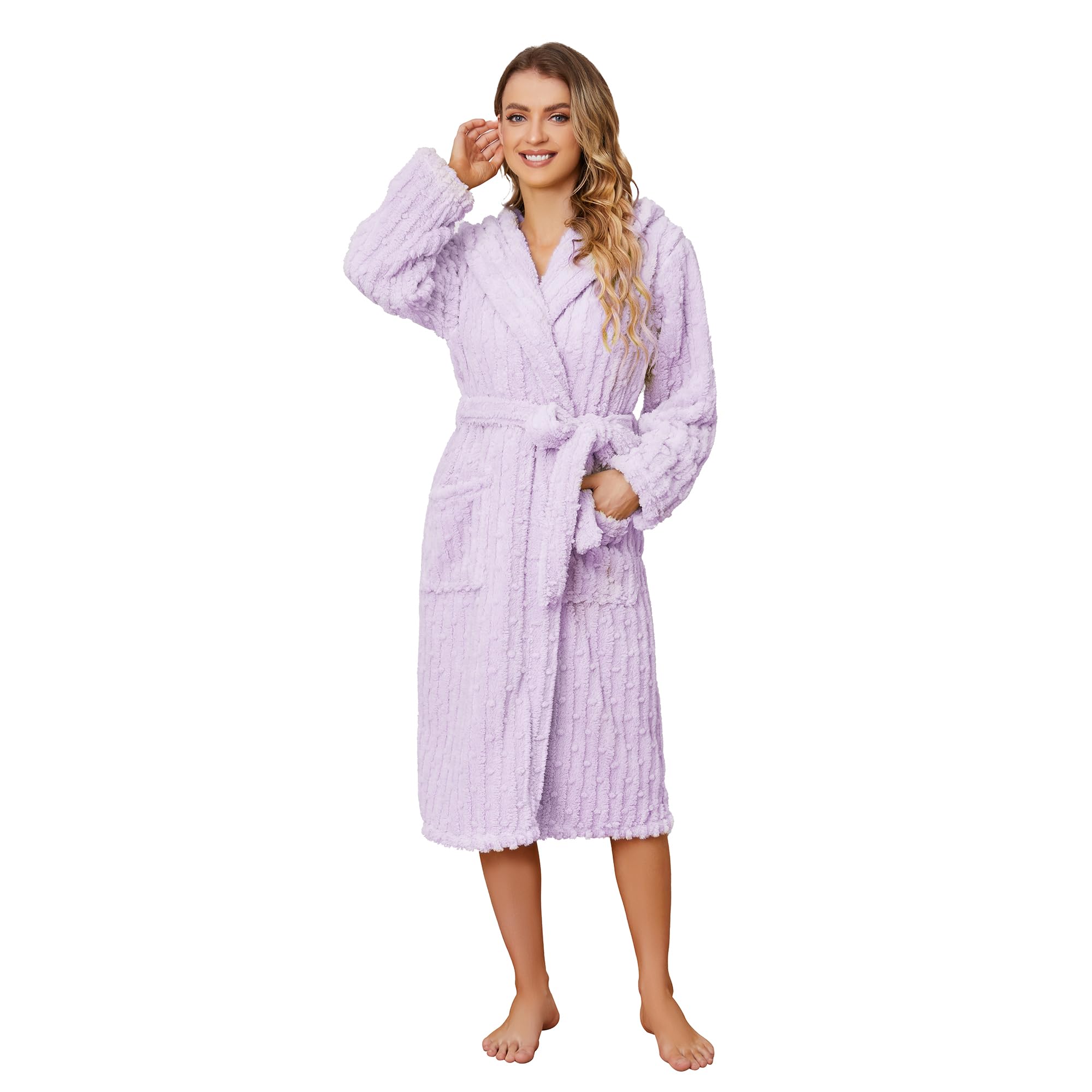 HEARTNICE Fuzzy Soft Robes for Women, Long Plush Hooded Robe Fluffy ...