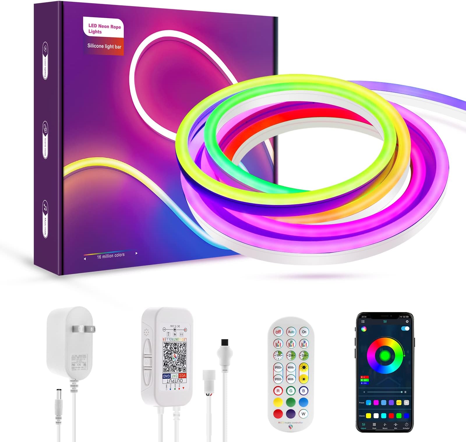 LUXONIC 6.5FT/2M Bluetooth LED Neon Rope Lights with Remote APP Control ...