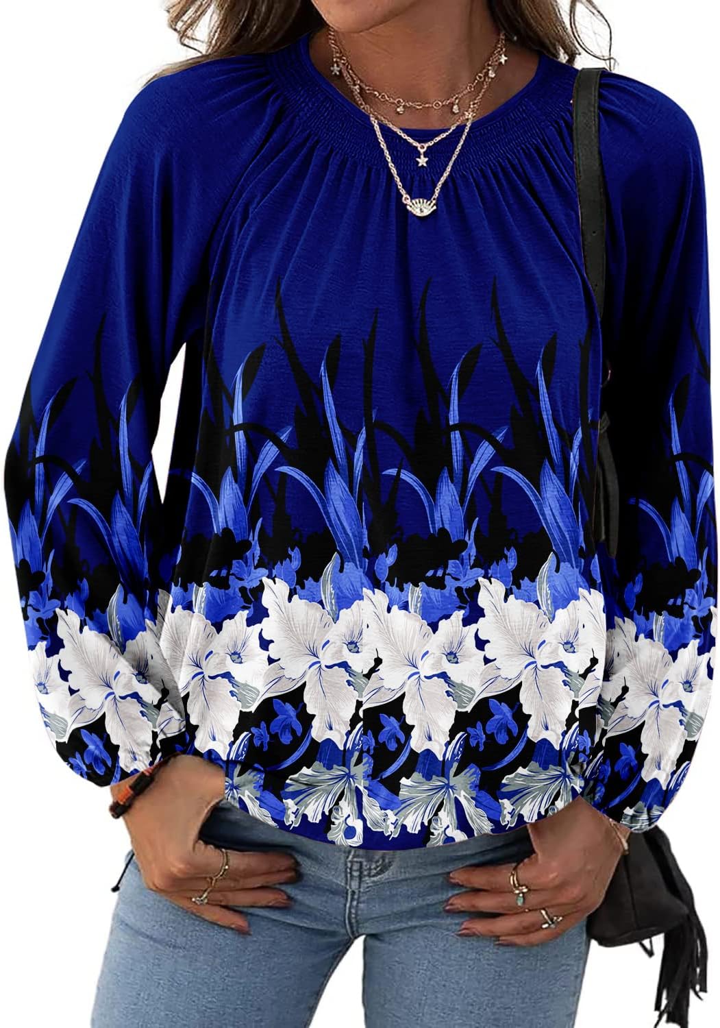 Women Long Sleeve Floral Blouse Pleated Tunic Crew Neck Tops Loose Fit ...