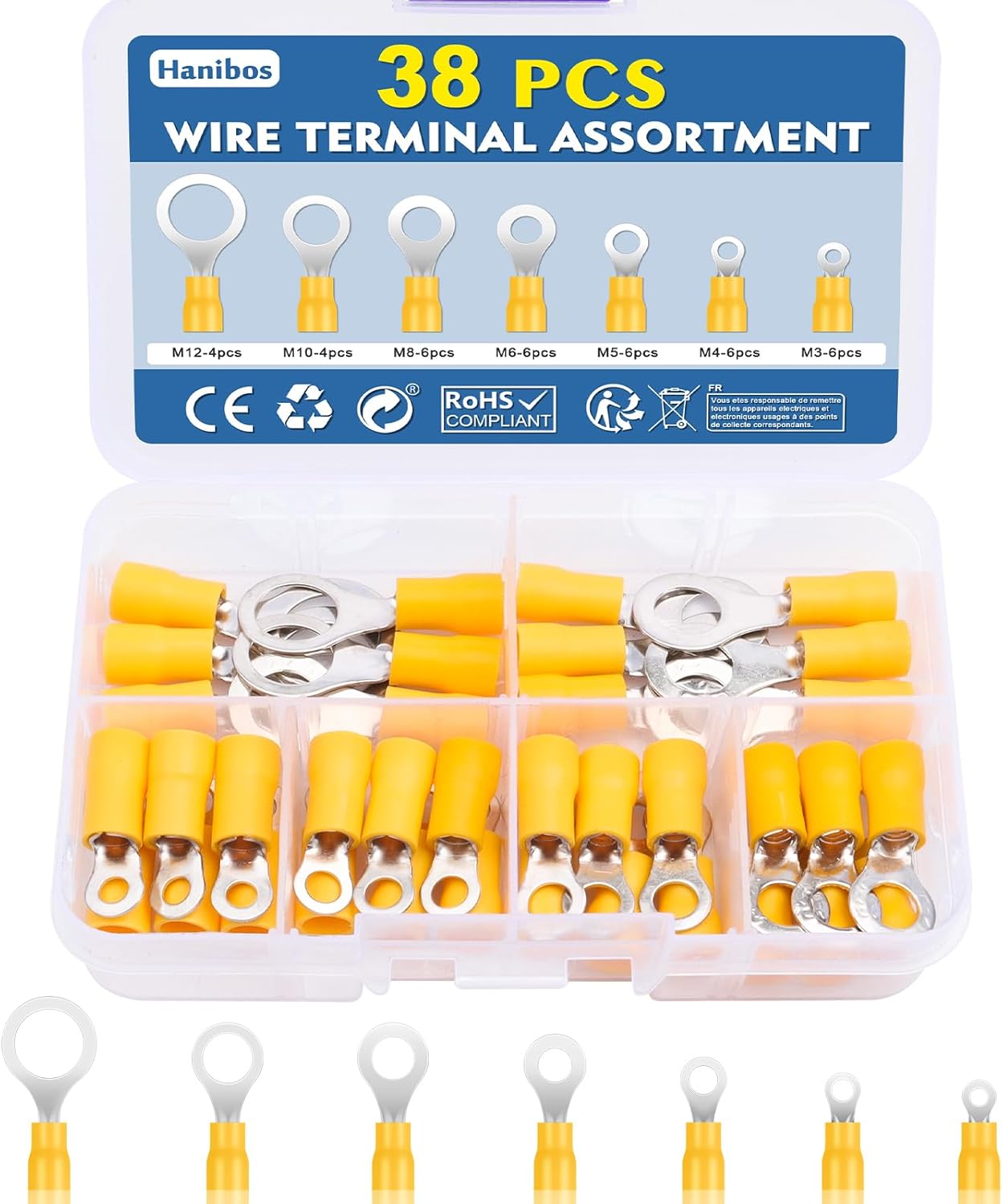 Hanibos 38 Pcs Yellow Ring Terminals 4-6mm² Ring Crimps Terminals ...