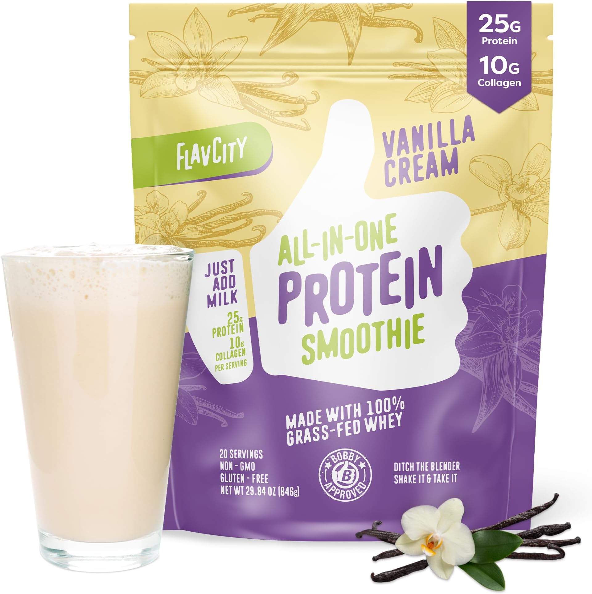 Amazon.com: FlavCity Protein Powder Smoothie, Vanilla - 100% Grass-Fed ...