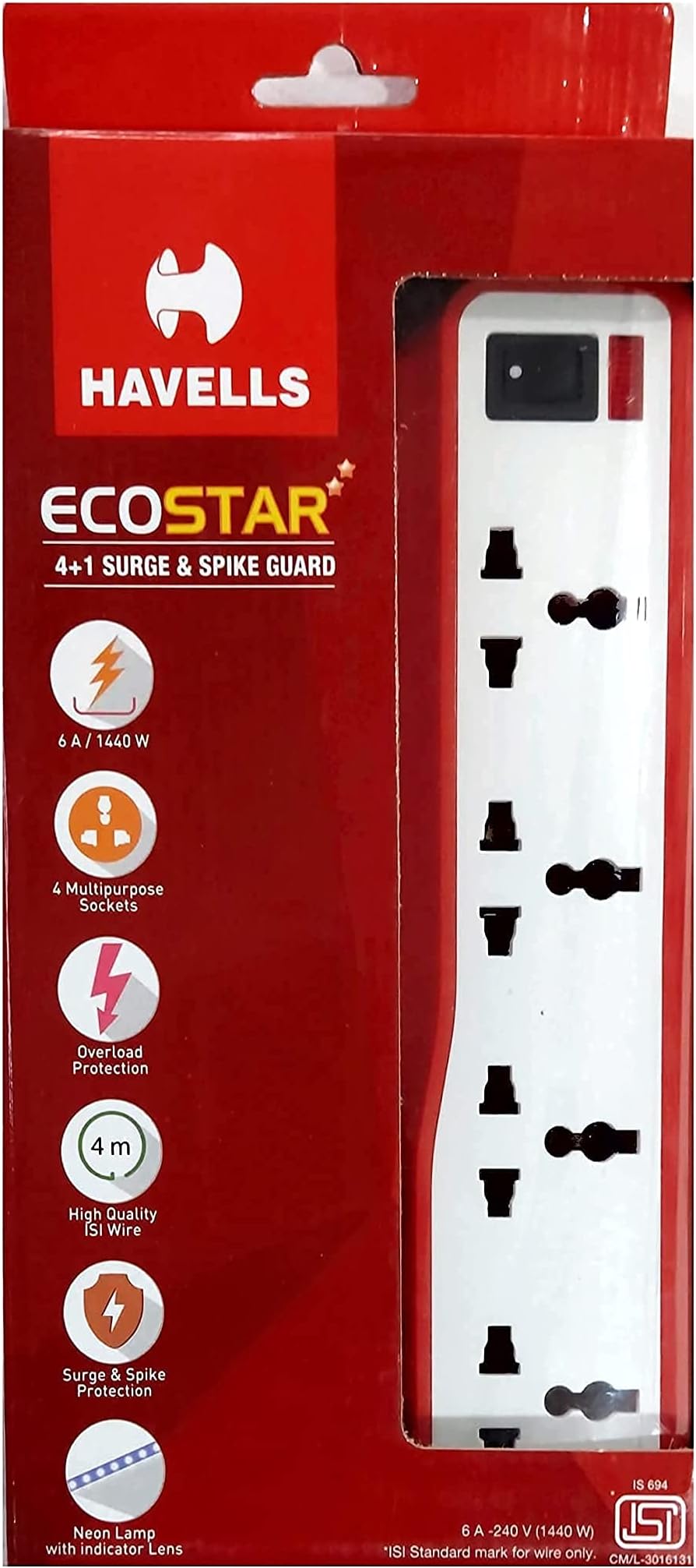 Havells Spikestar 4+1 Surge & Spike Guard With 2M Cable (6A/1440W), 240 ...